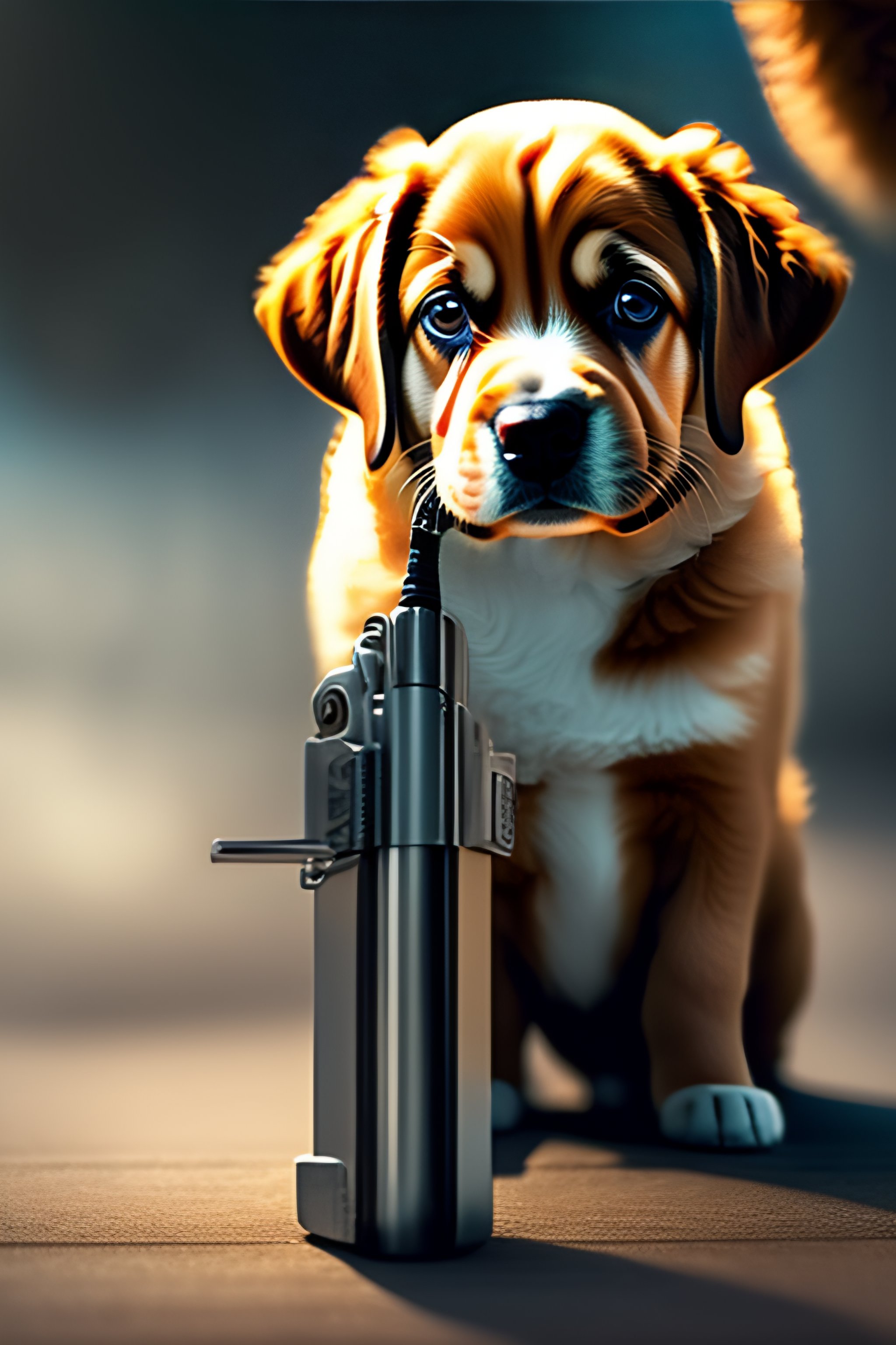 Lexica - A cute dog, holding a futuristic weapon