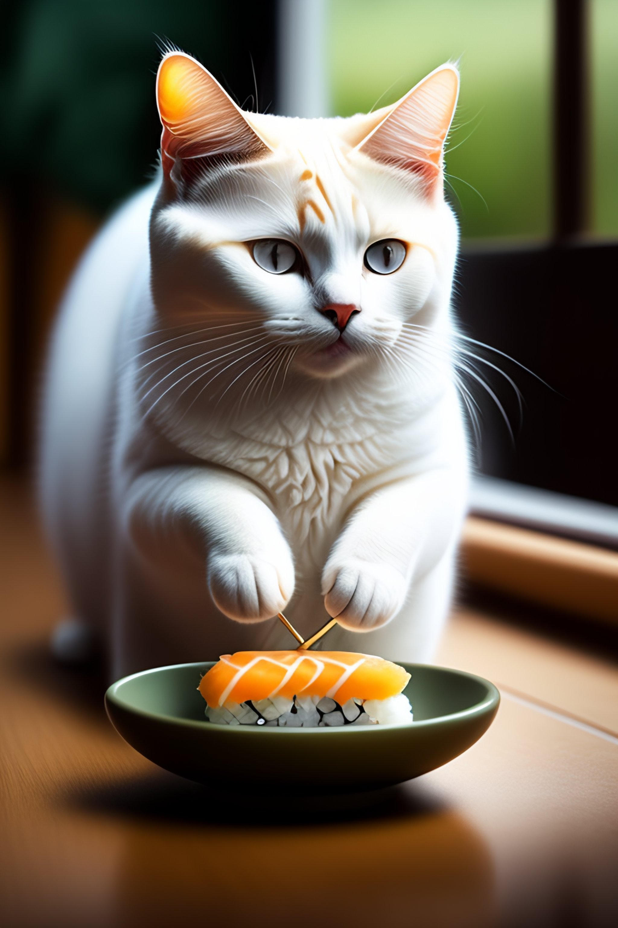 Lexica - White cat eating sushi