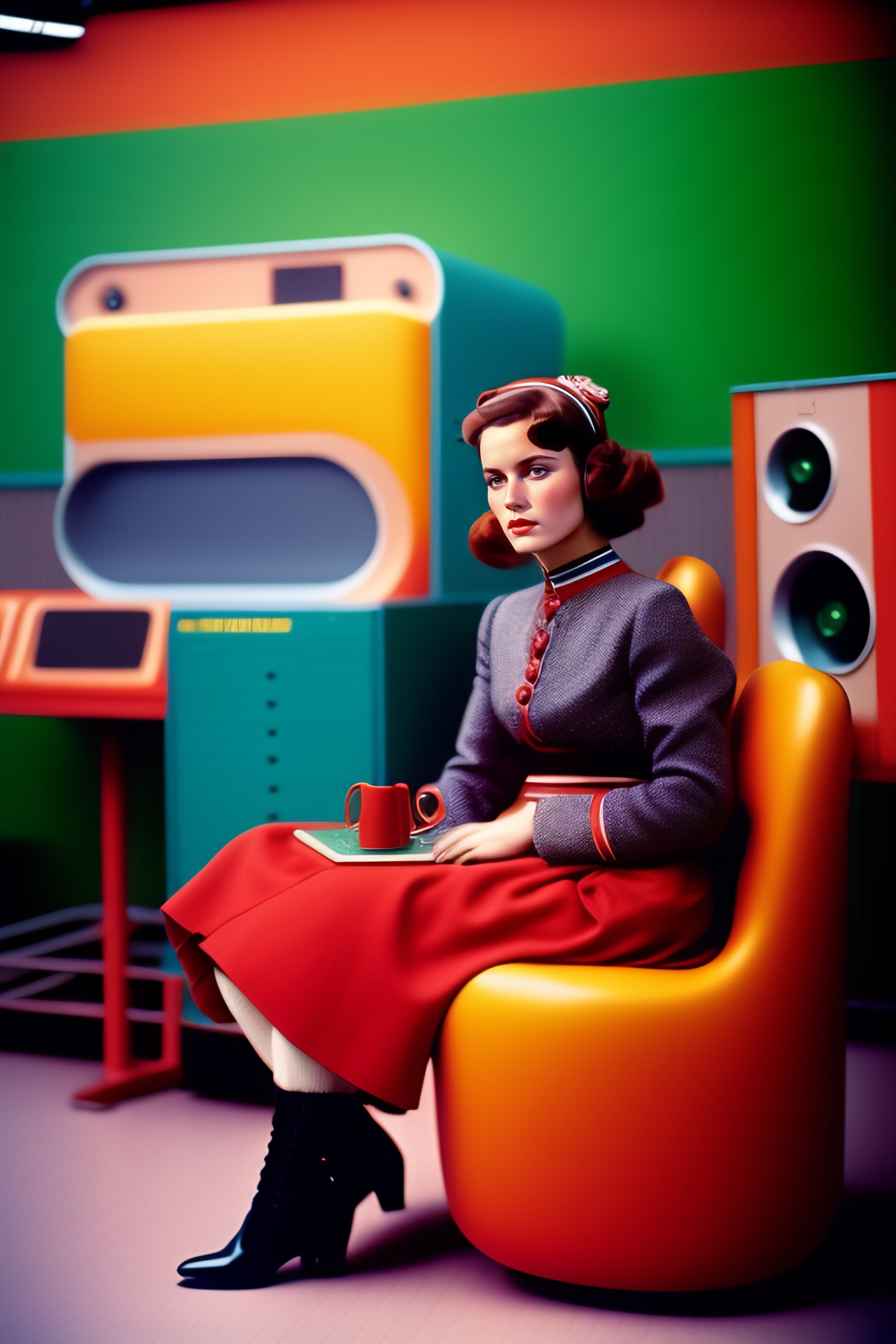 Lexica - A Soviet girl sitting in a chair in front of a colorful soviet ...