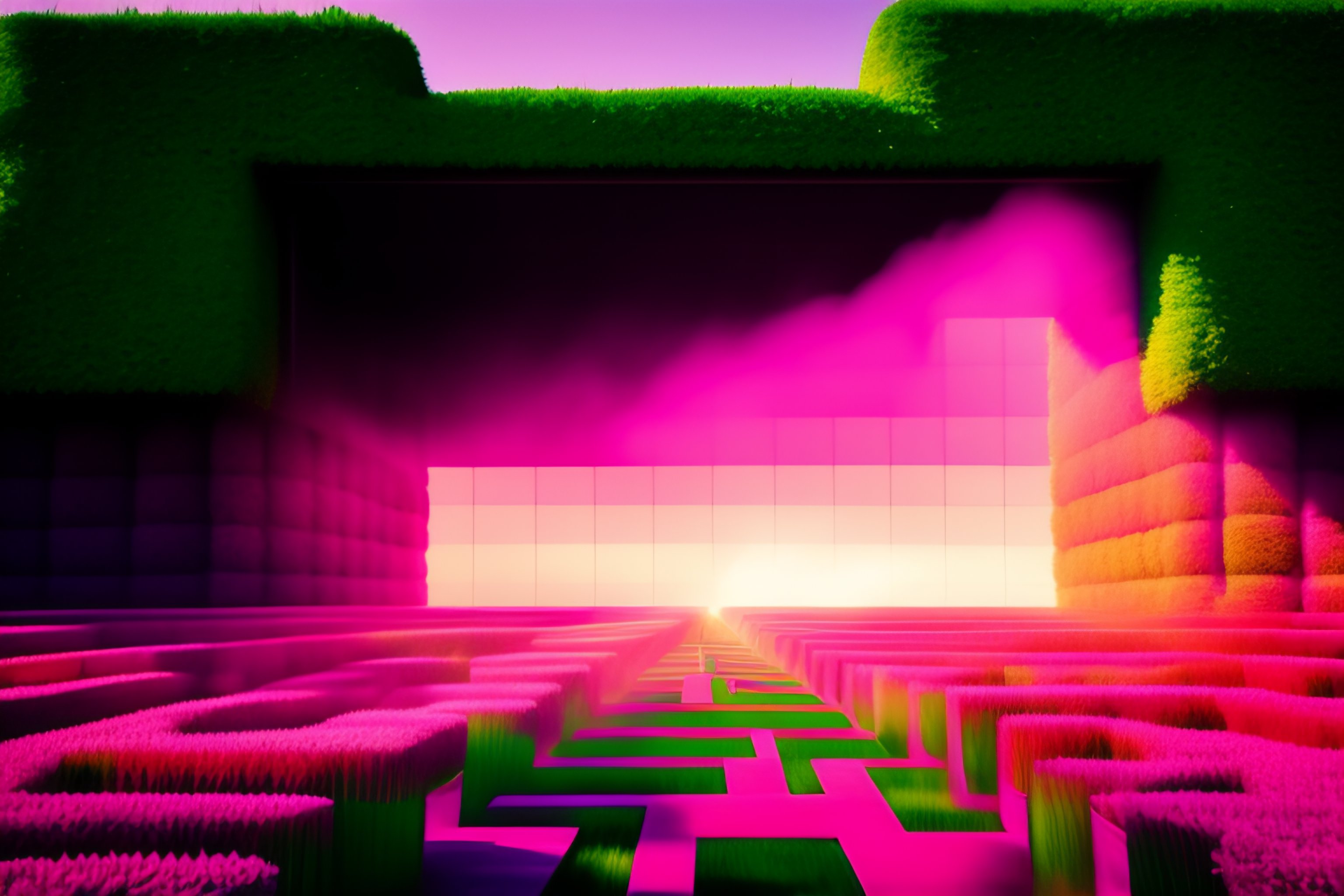 Lexica - Tall green hedge maze, green grass, evil monster in shadows ...