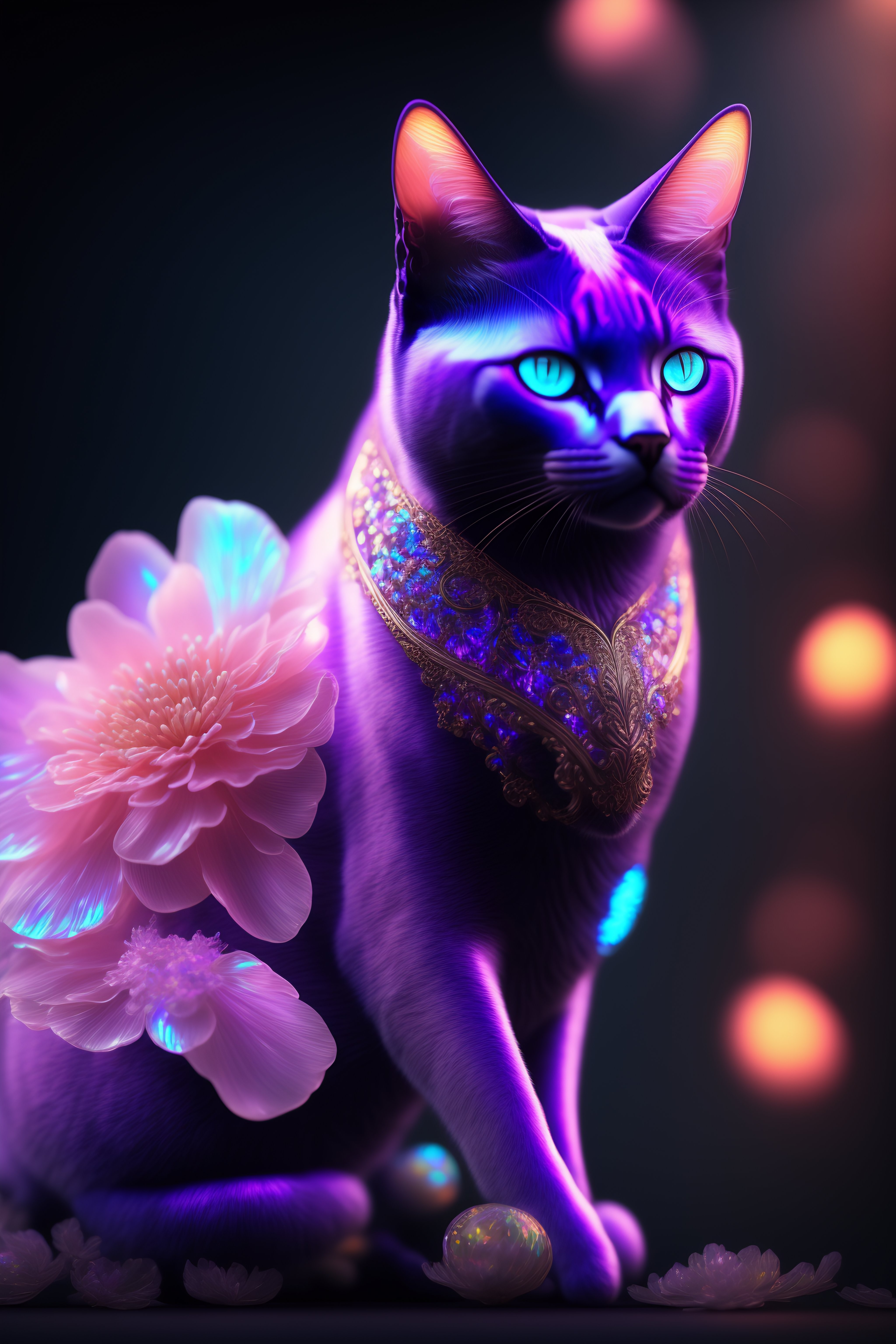 Lexica - Large blooming iridescent cat, photo realistic eyes in the ...