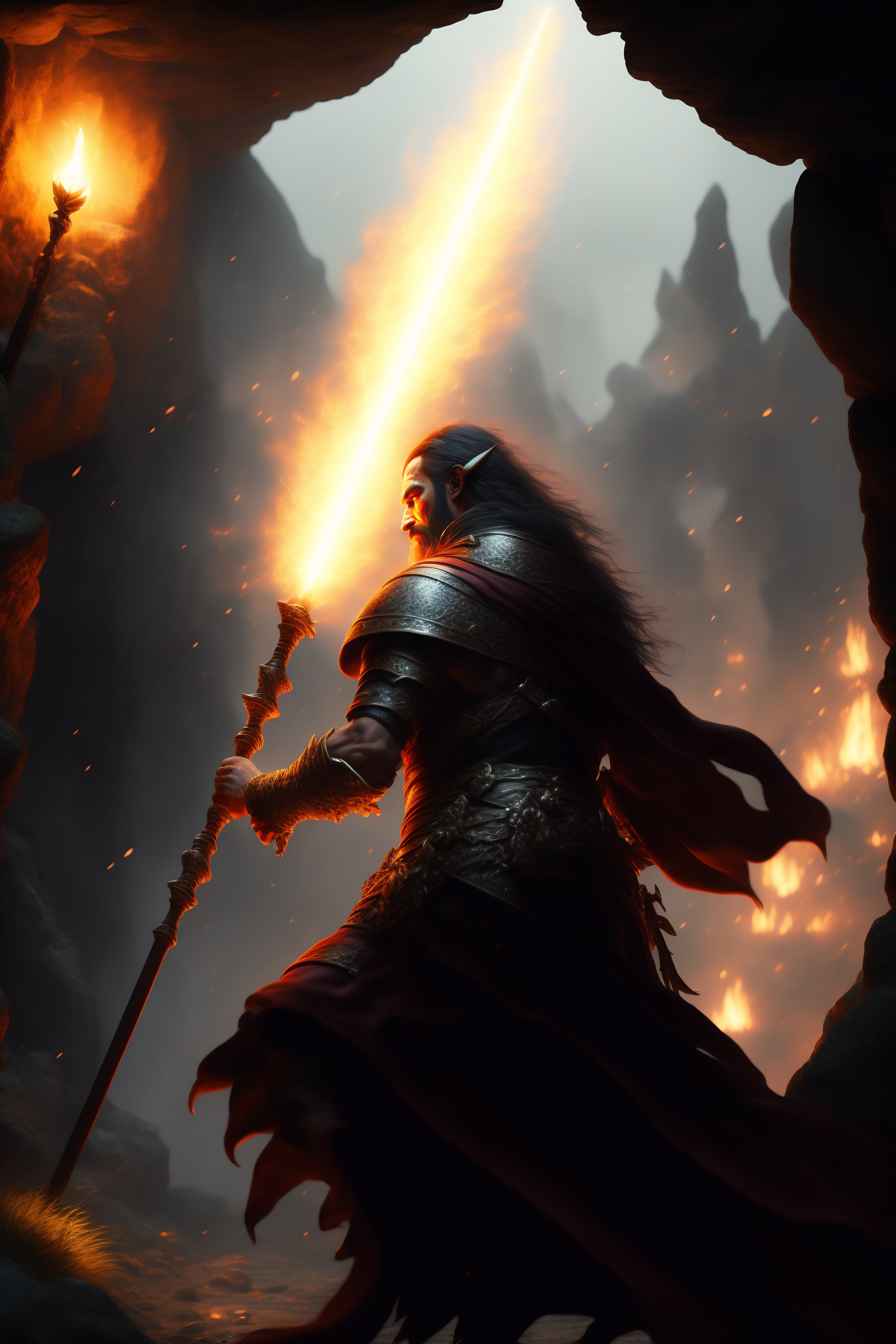 Lexica - Wizard with a staff fightning versus orcs inside a cave, hd ...