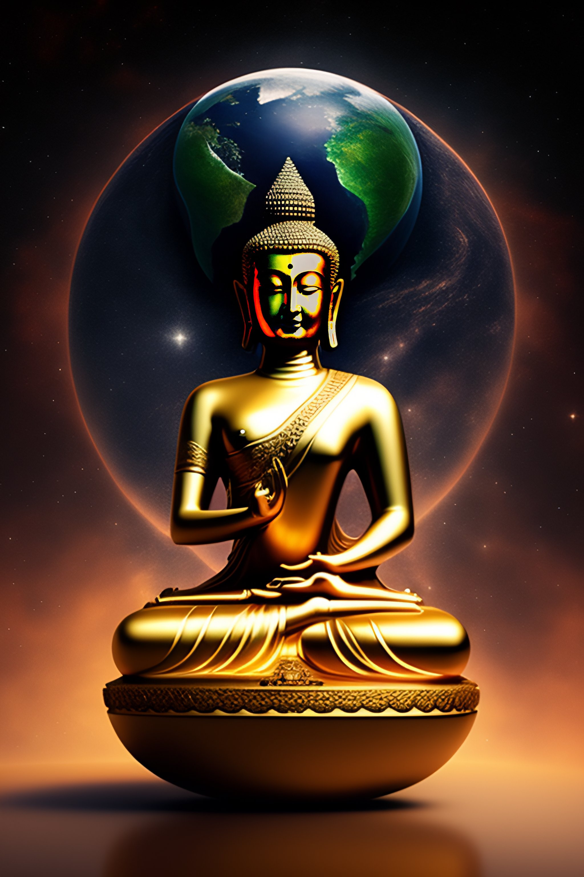 Lexica - Buddha shows his images in space and holds the earth on top of ...