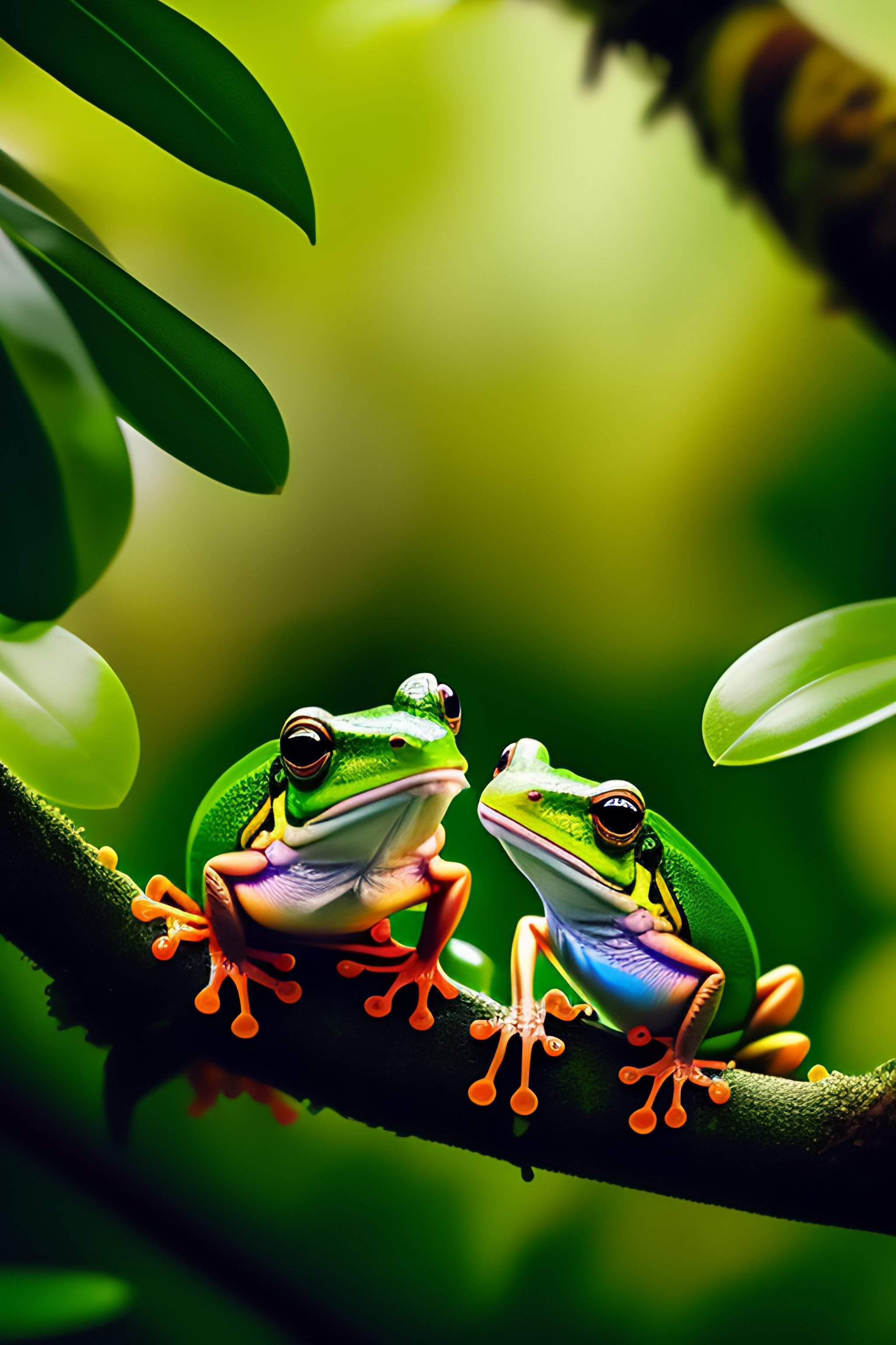 Lexica - Tree frogs hanging out in a tropical rainforest canopy.
