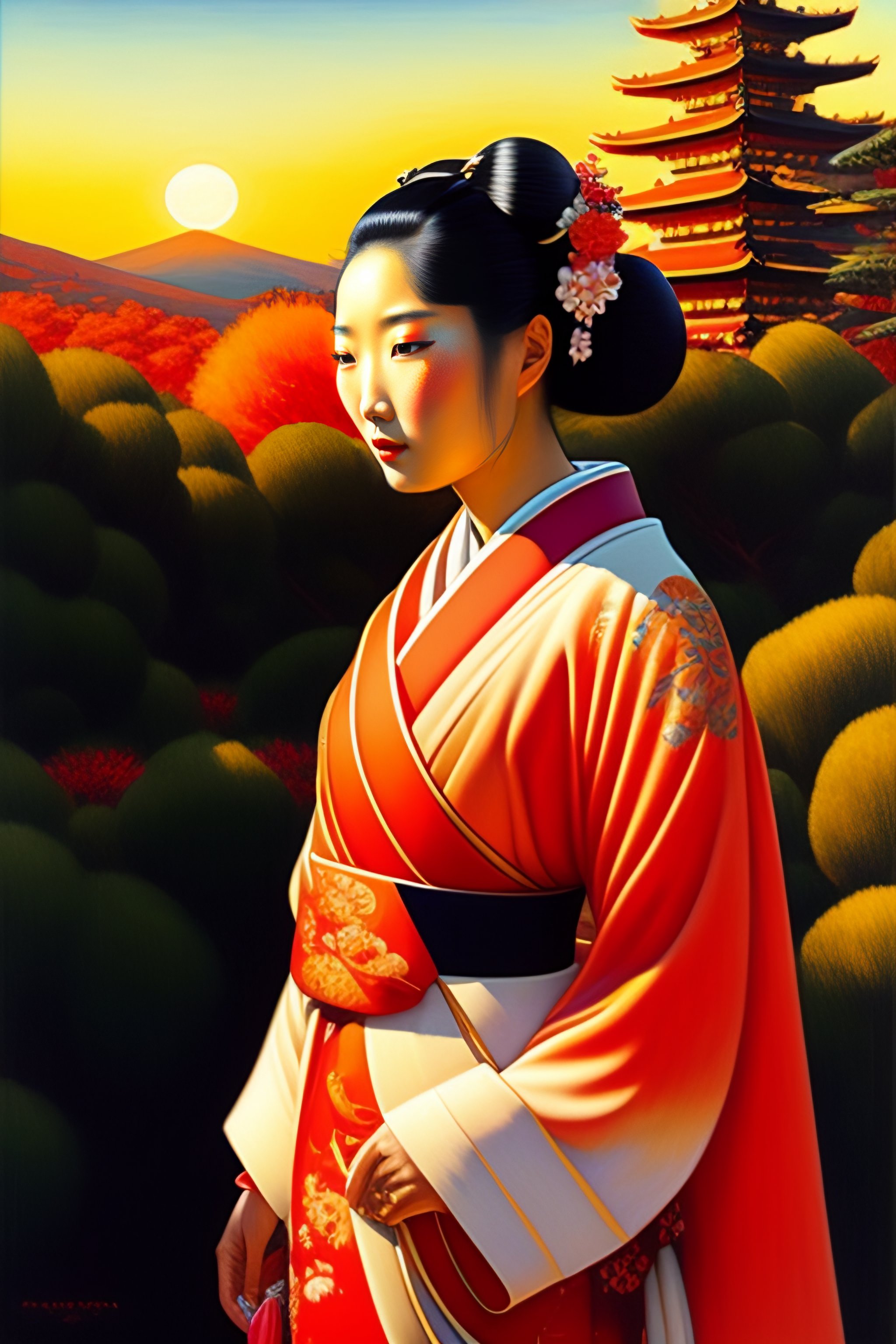 Lexica - Painting of a geisha with european features entering a ...