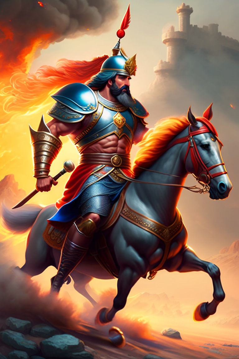 Lexica - Ancient Persian general charging in to a fiery battlefield ...