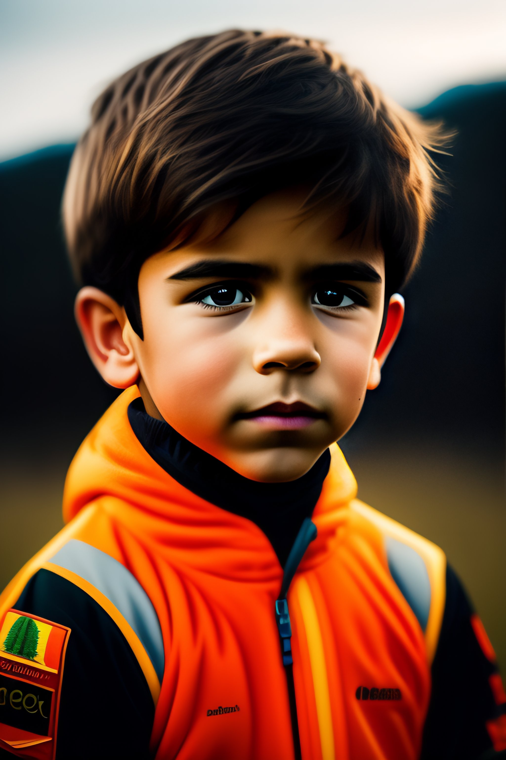 Lexica - Potrait boy and in background a black wolf in black sky