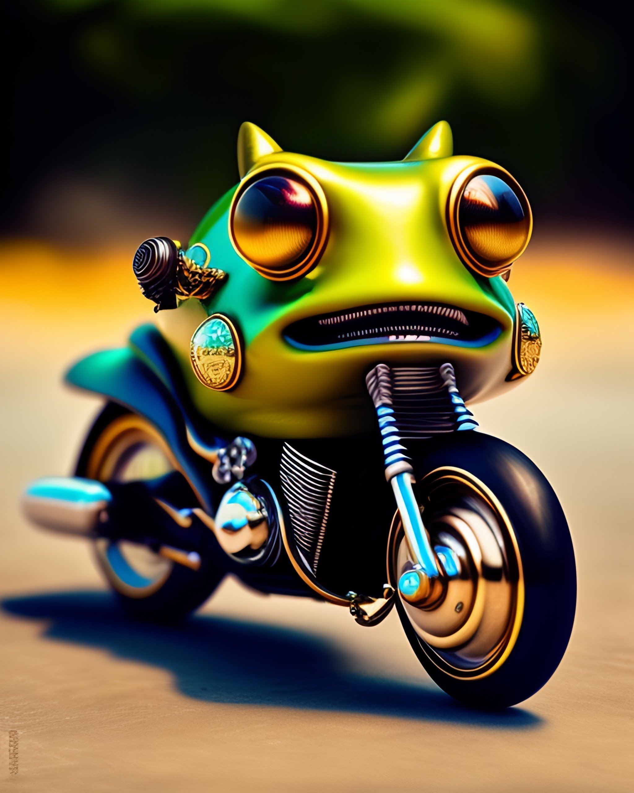 Lexica - Crazy frog with steampunk galsses, on one wheel, motorcycle, dead