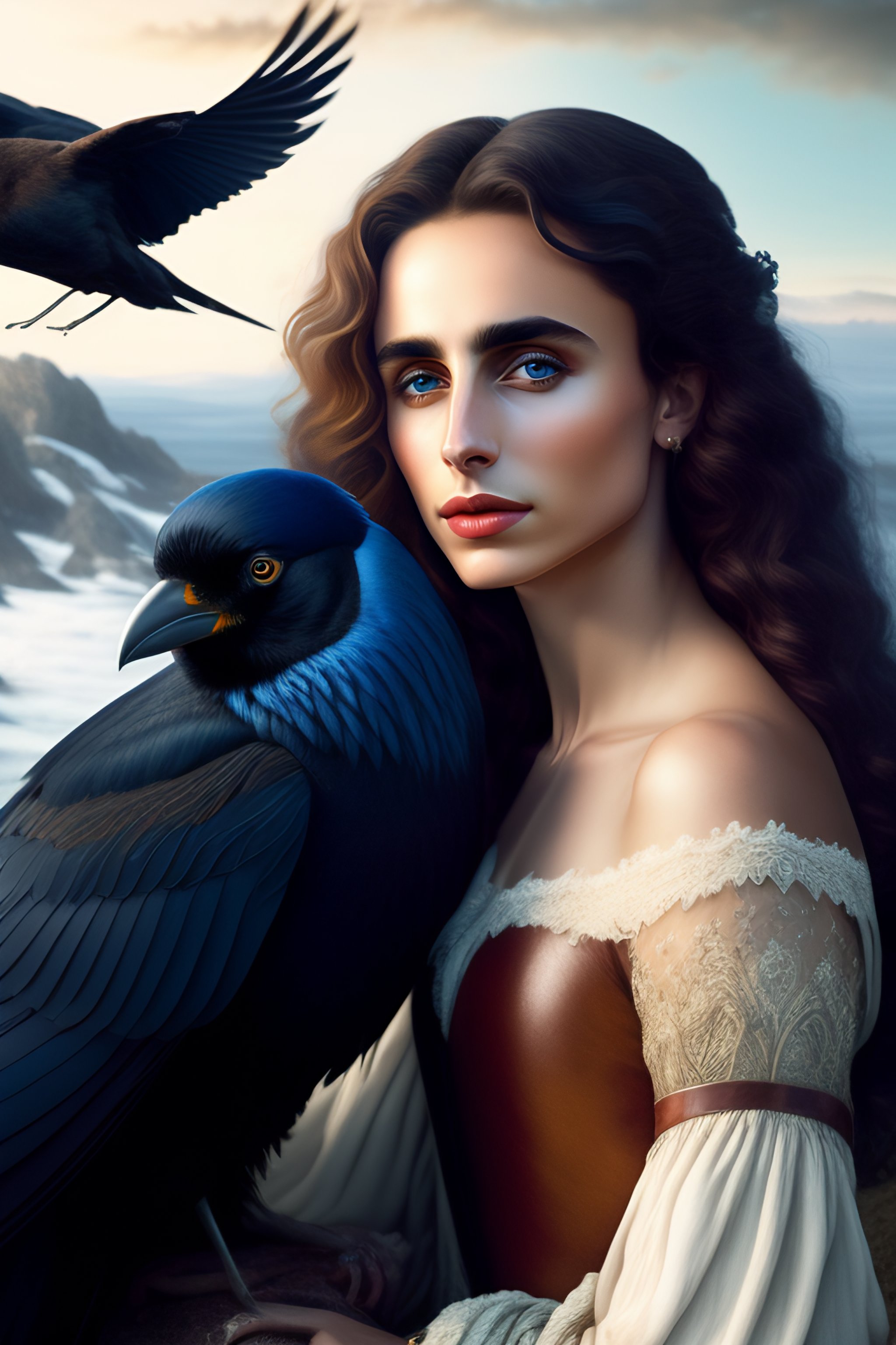 Lexica - Timothy Chalamet and a blue-eyed woman with crows on a rock ...