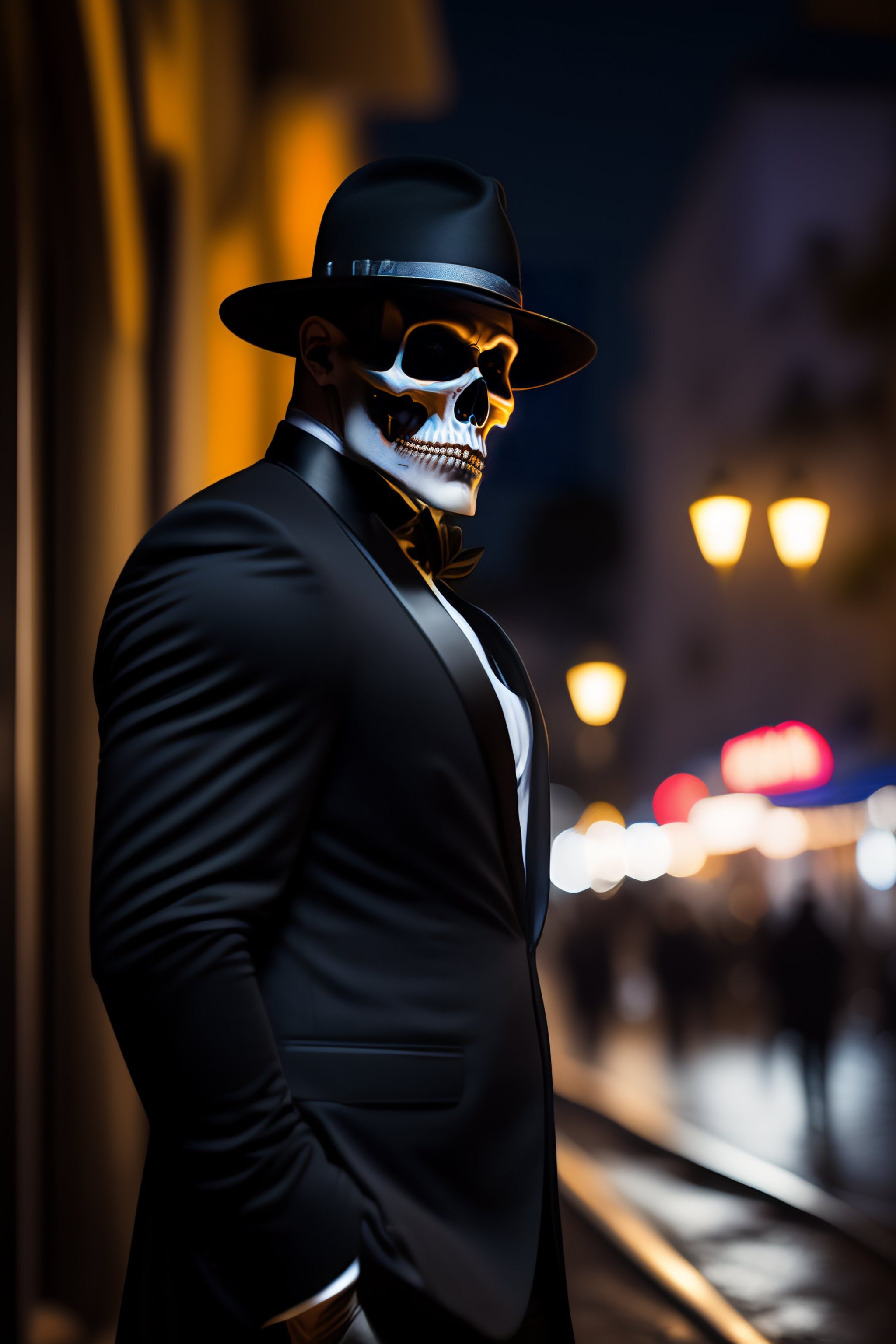 Lexica - Handsome skull-faced Brazilian man wearing black suit and ...