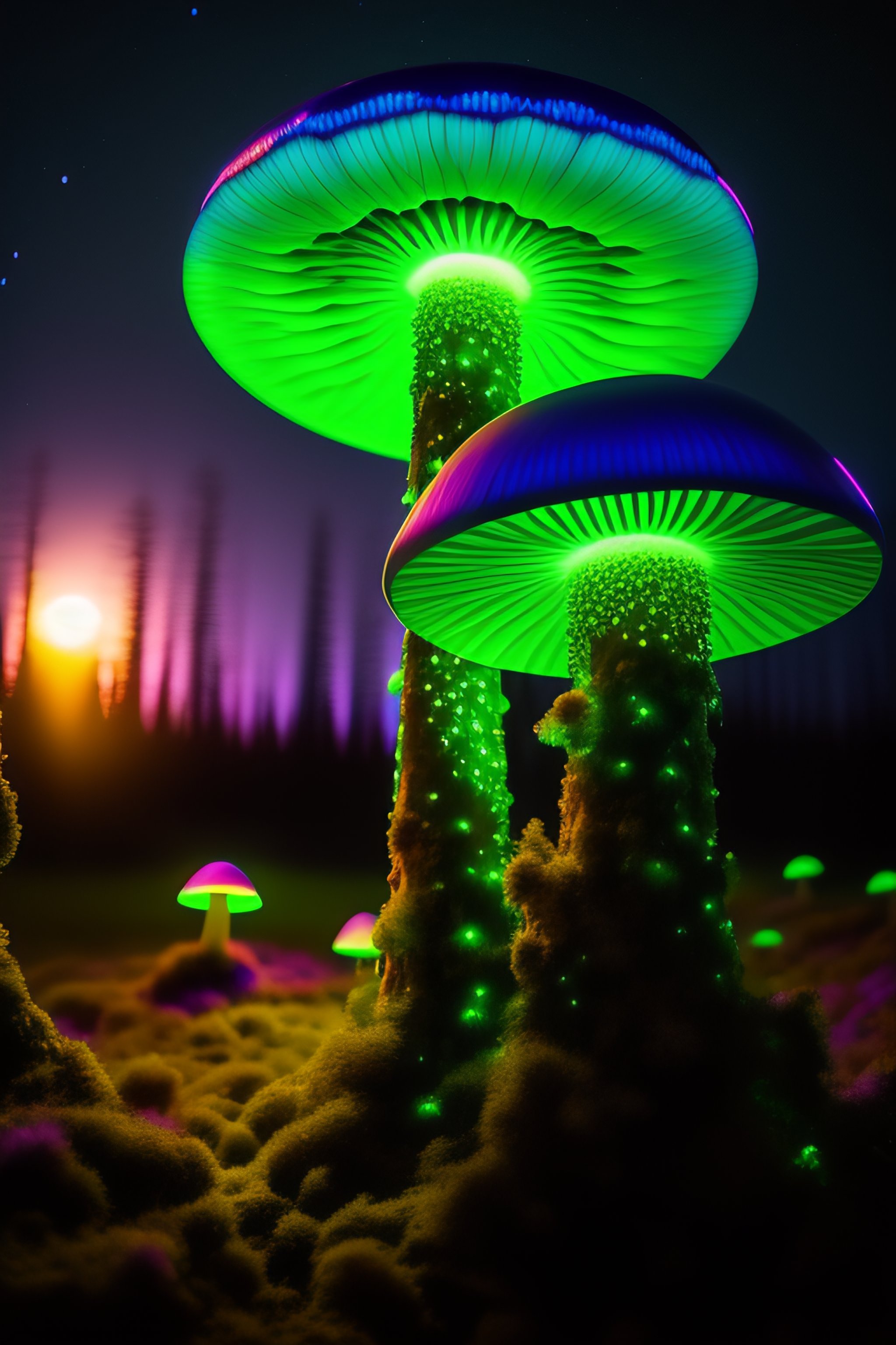 Lexica - Cosmic forest overgrown luminescent mushrooms in the moonlight