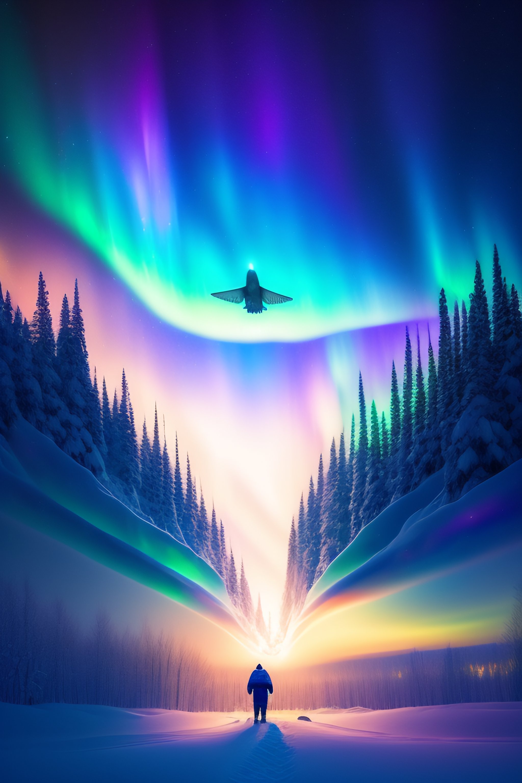 Lexica - An angel flies in the sky with his wings, with aurora borealis ...