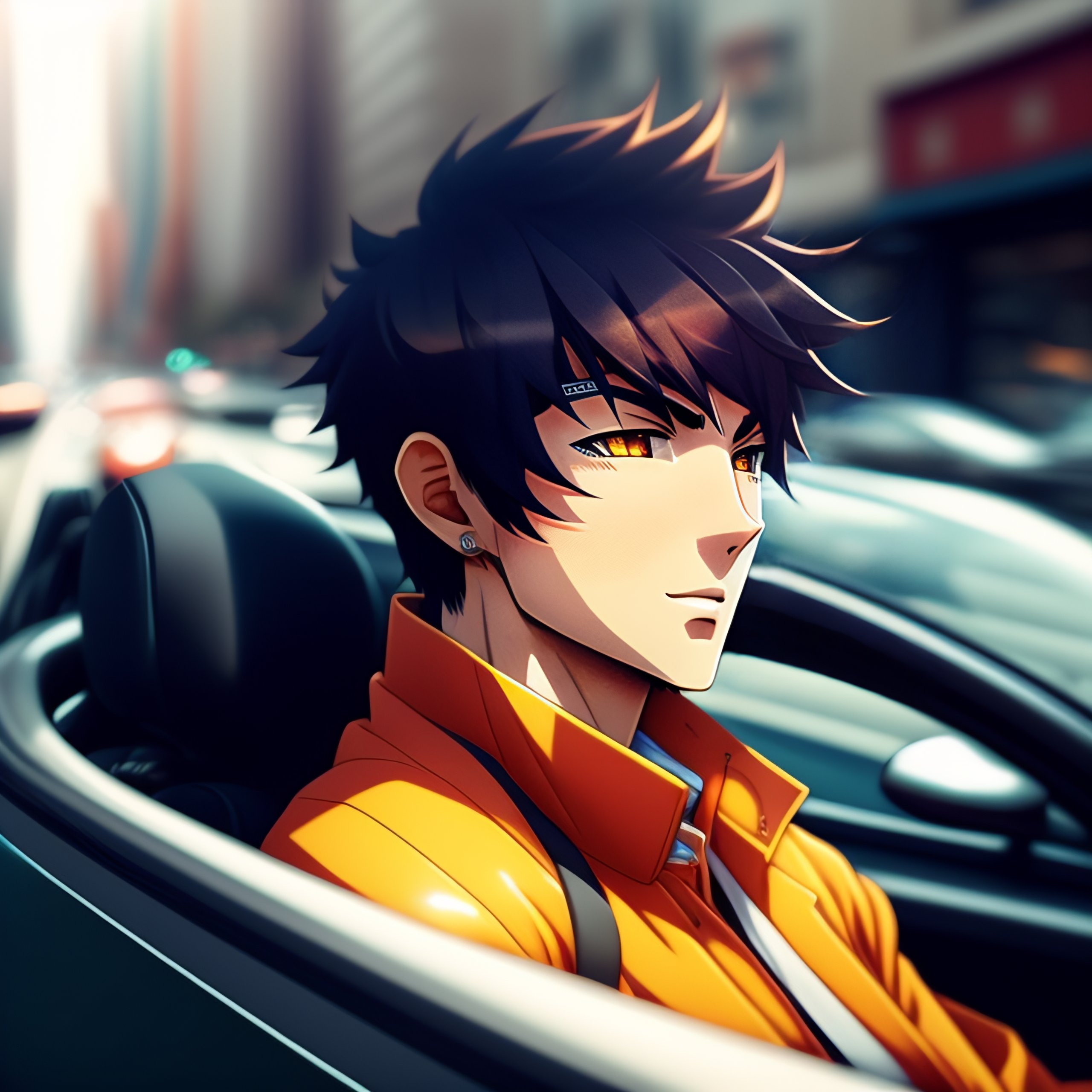 Lexica - An anime style young man driving through the city