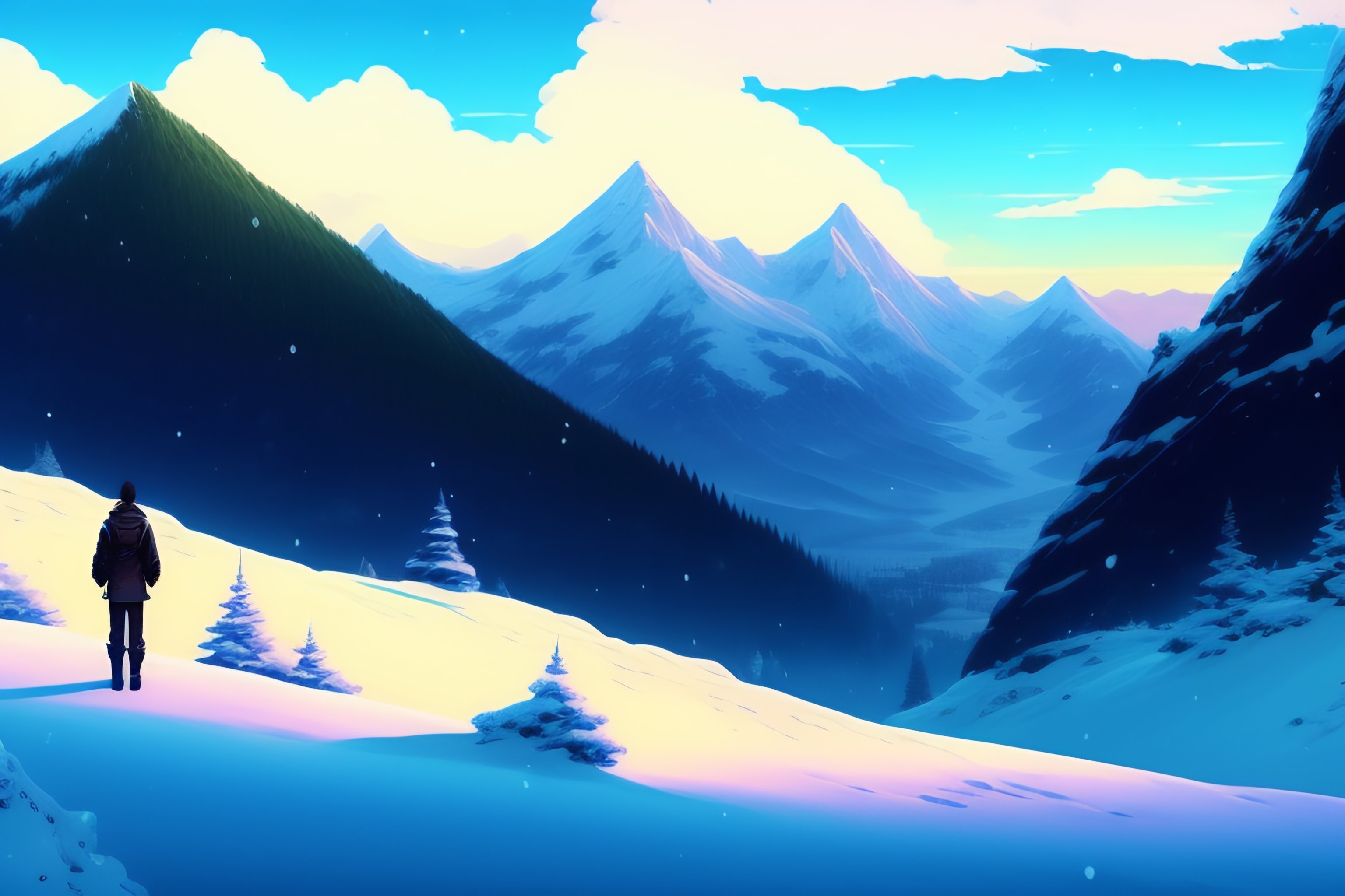 Lexica - Man on top of a snowy mountain illustration old anime style