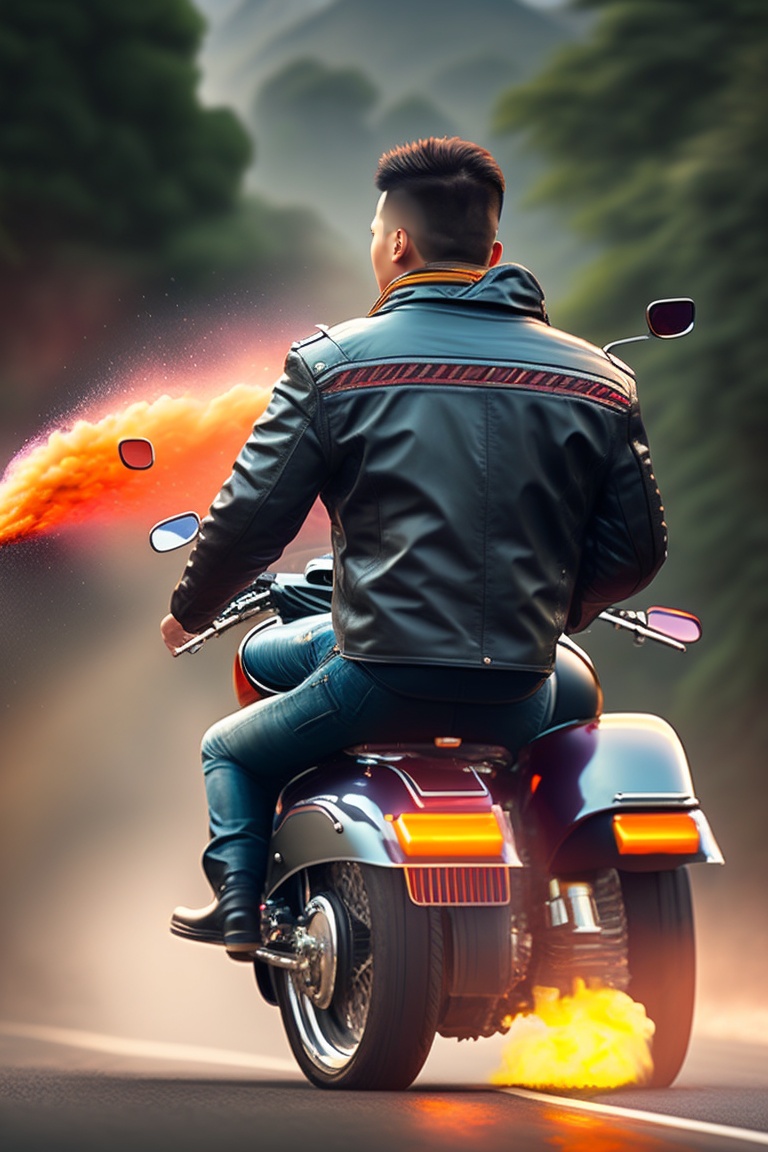 Lexica - A bad boy riding motorbike cruise the road, shoot from his back