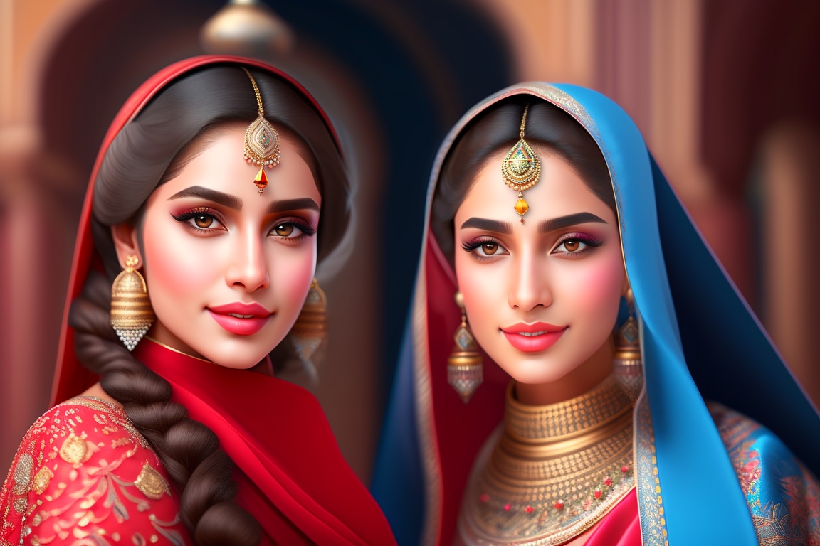 Lexica - Beautiful Pakistani girl with red suit and blue shawl, soft ...