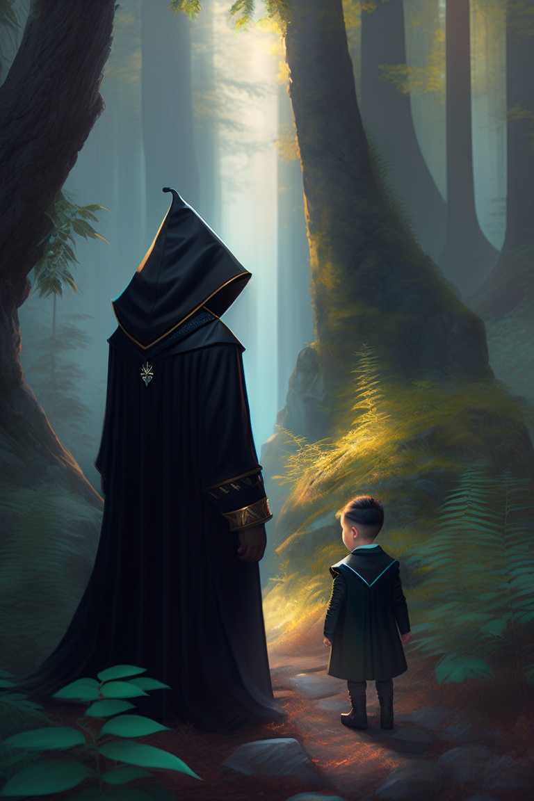 Lexica - A wizard child wearing a black overcoat and one adult wizard ...