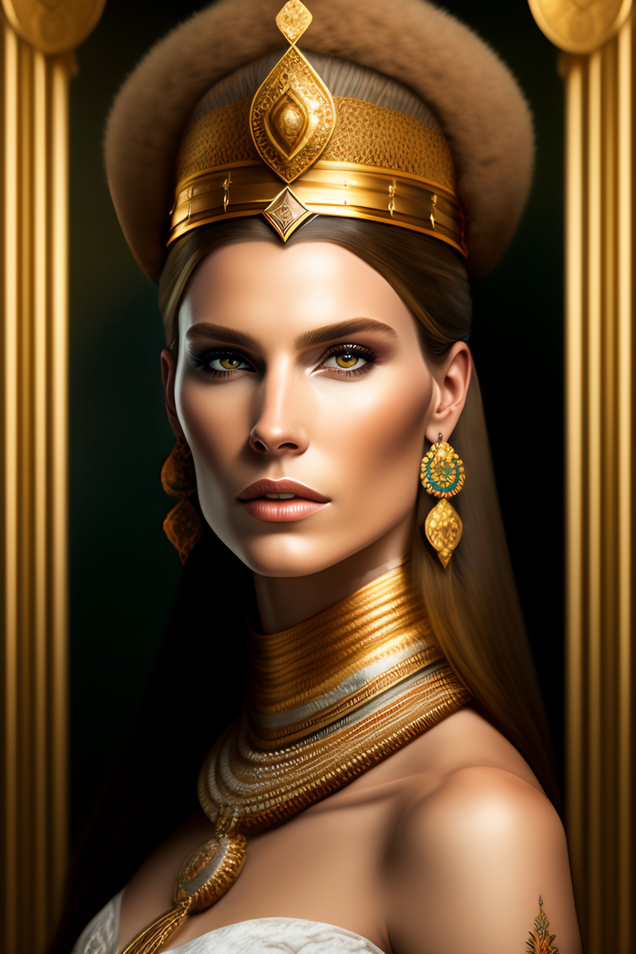 Lexica - Portrait of a white warrior queen with a long curved brown ...