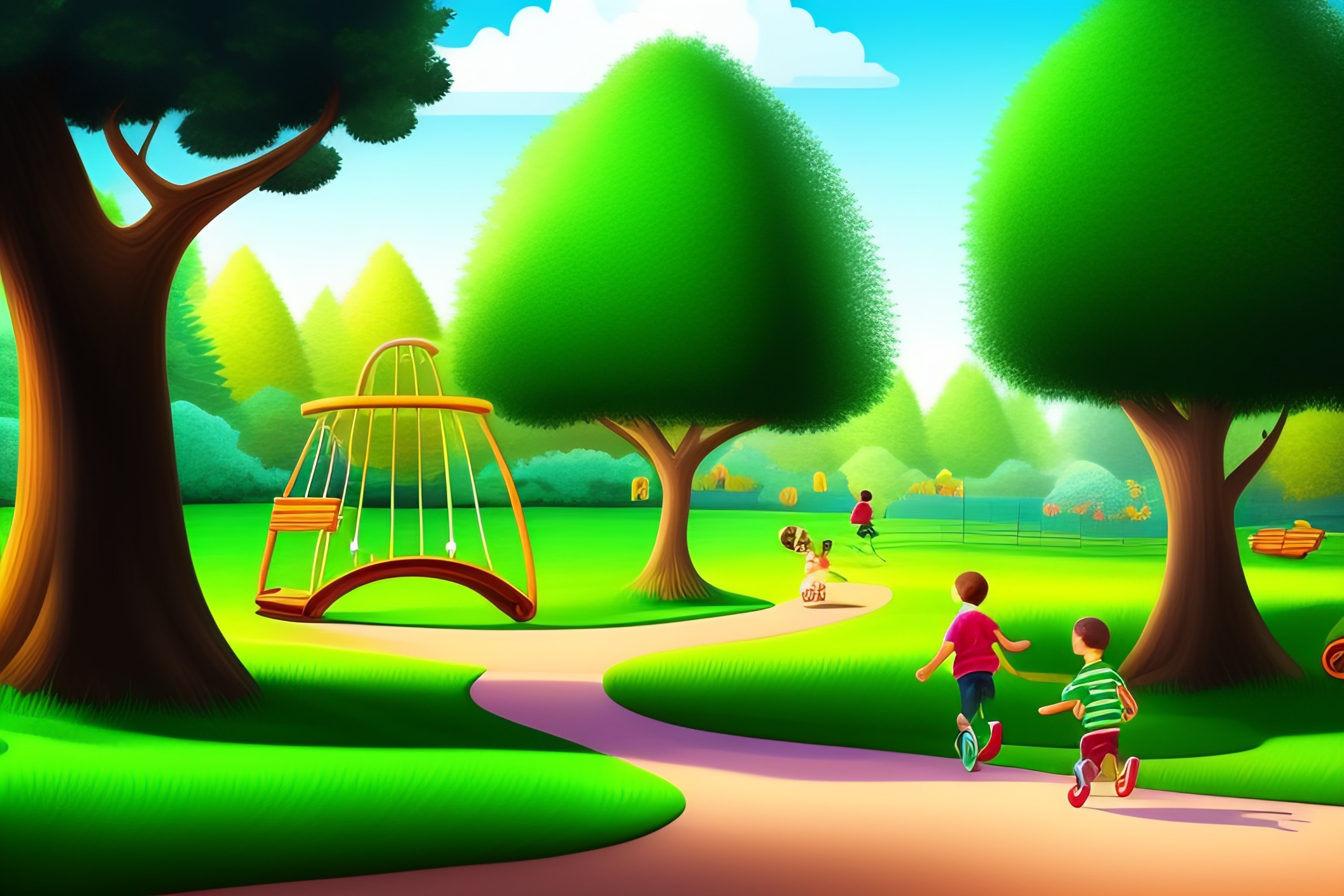 Lexica - Illustration of a park, with a tree and swings, and kids ...