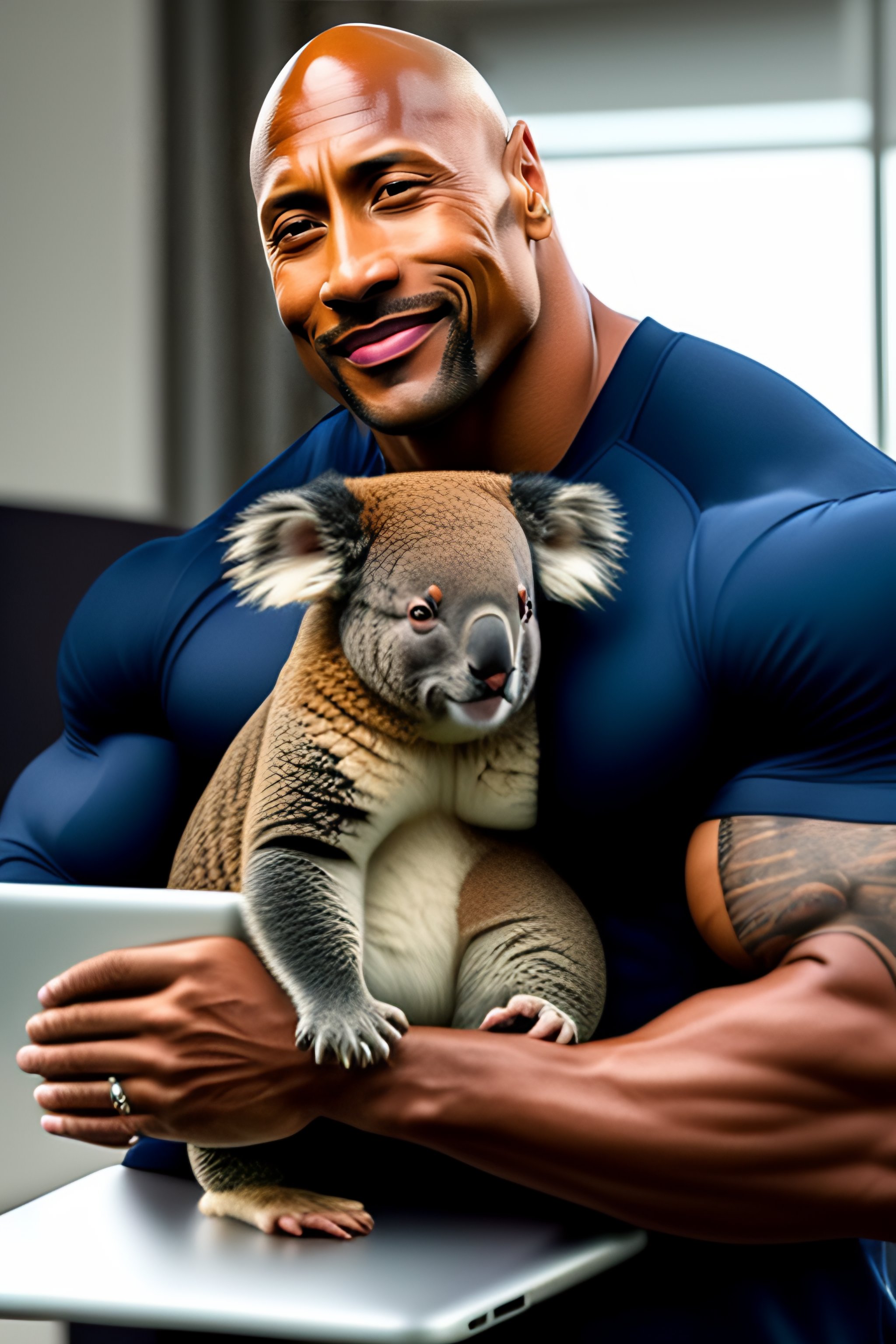 Lexica - Dwayne johnson holding a koala in one hand and a laptop in another