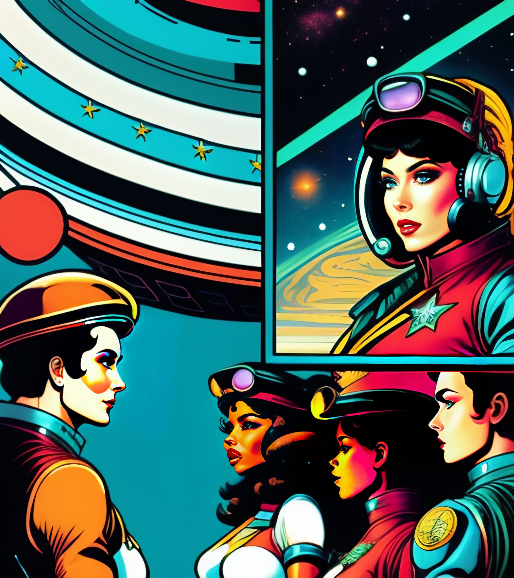 Lexica - Retro space captain giving commands to the crew in spacecraft ...