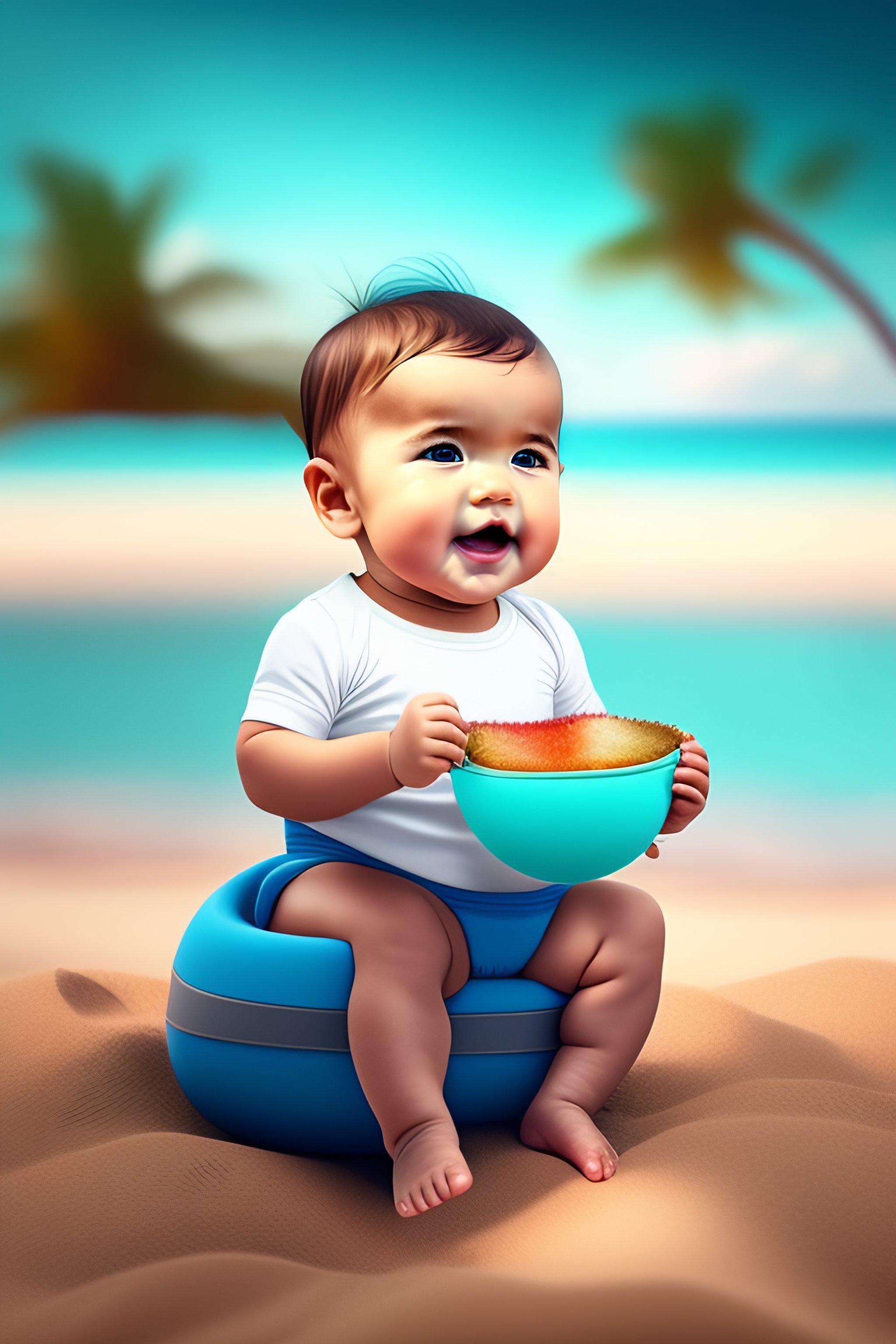 Lexica - Cute baby realistic seating on a beach drinking coconut water 8k