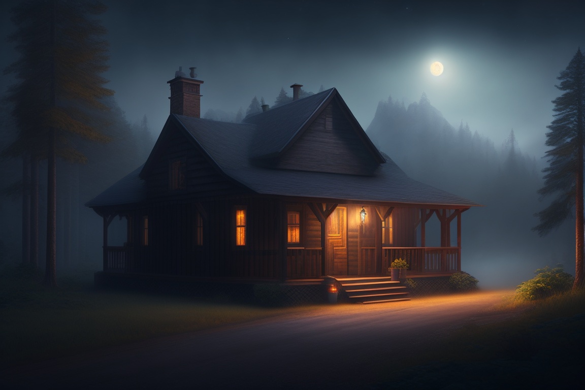 Lexica - Creepy cabin in the woods at night, surrounded by mist. An old ...