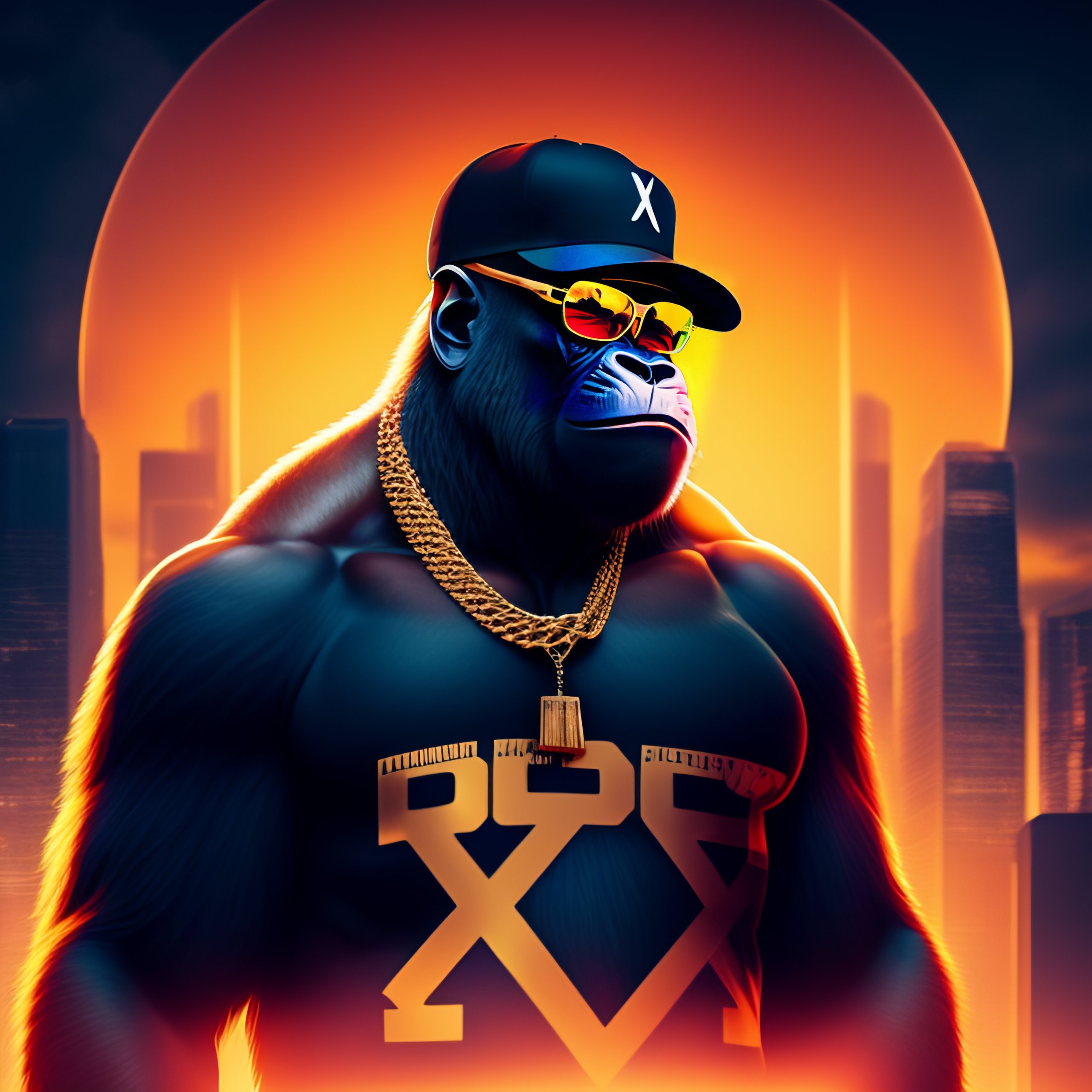 Lexica - Big Ape wearing a cap and t-shirt with x logo and a big golden sunglass and chain. City ...