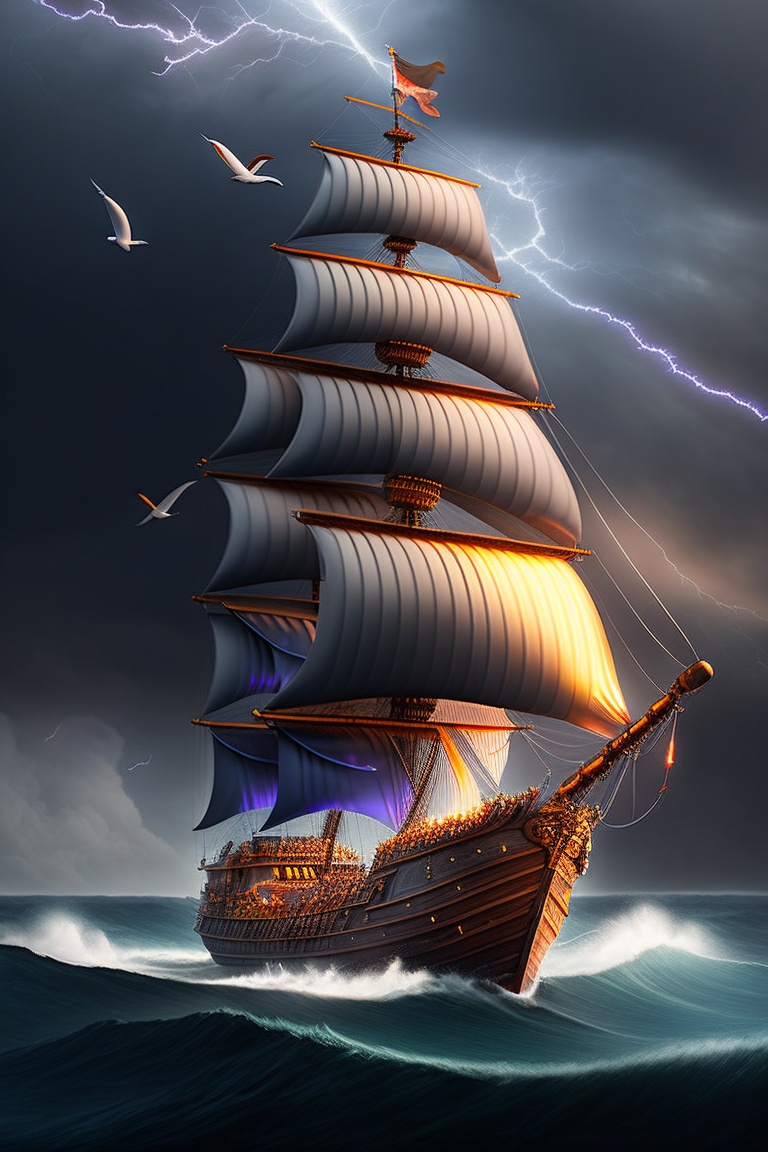 Lexica - A massive, strong pirate ship sailing in a stormy night ...