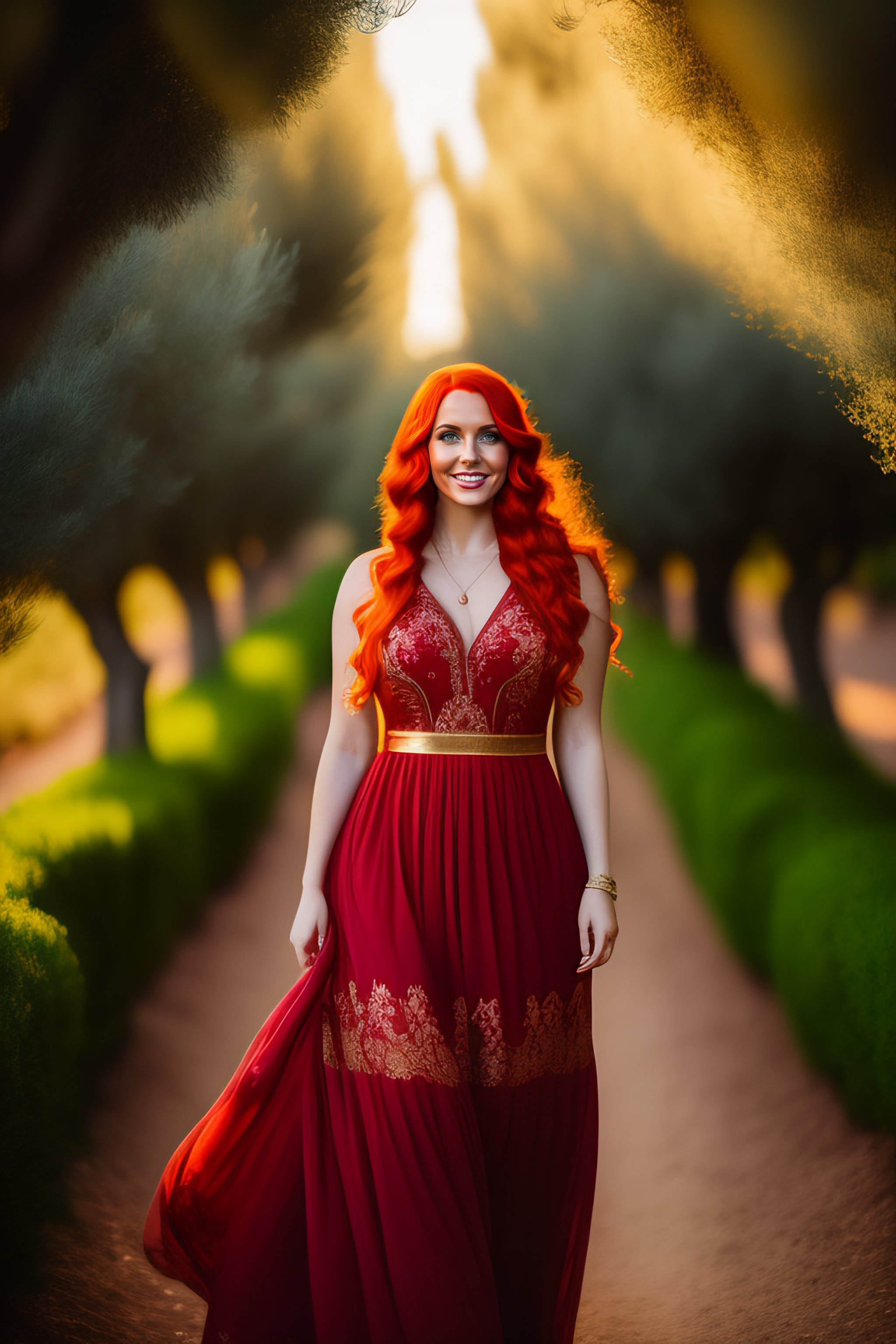 Lexica - Beautiful red-haired woman in flowing dress in front of olive ...