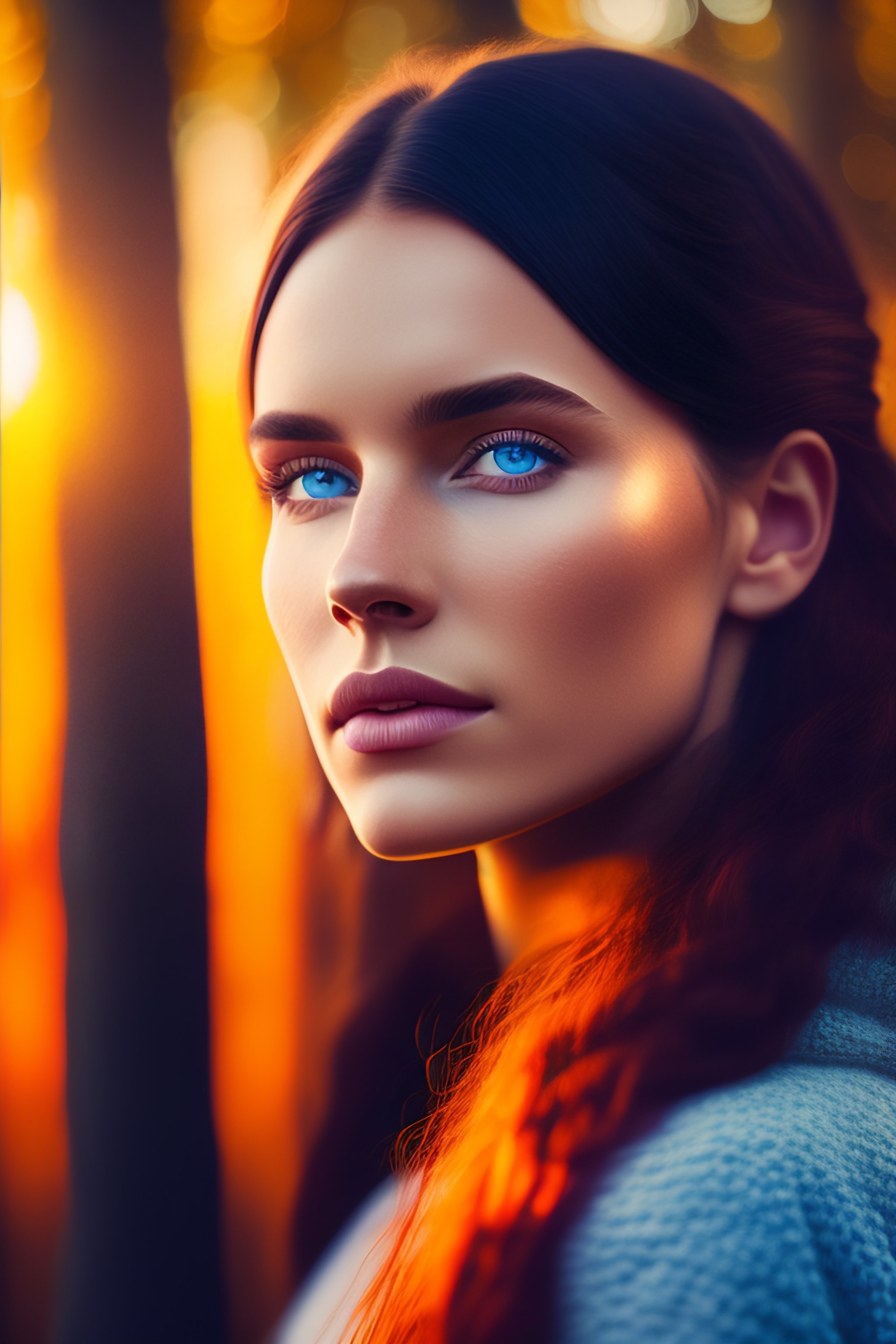 Lexica - Portrait of a girl with blue eys, in a beutiful forest, sunset ...