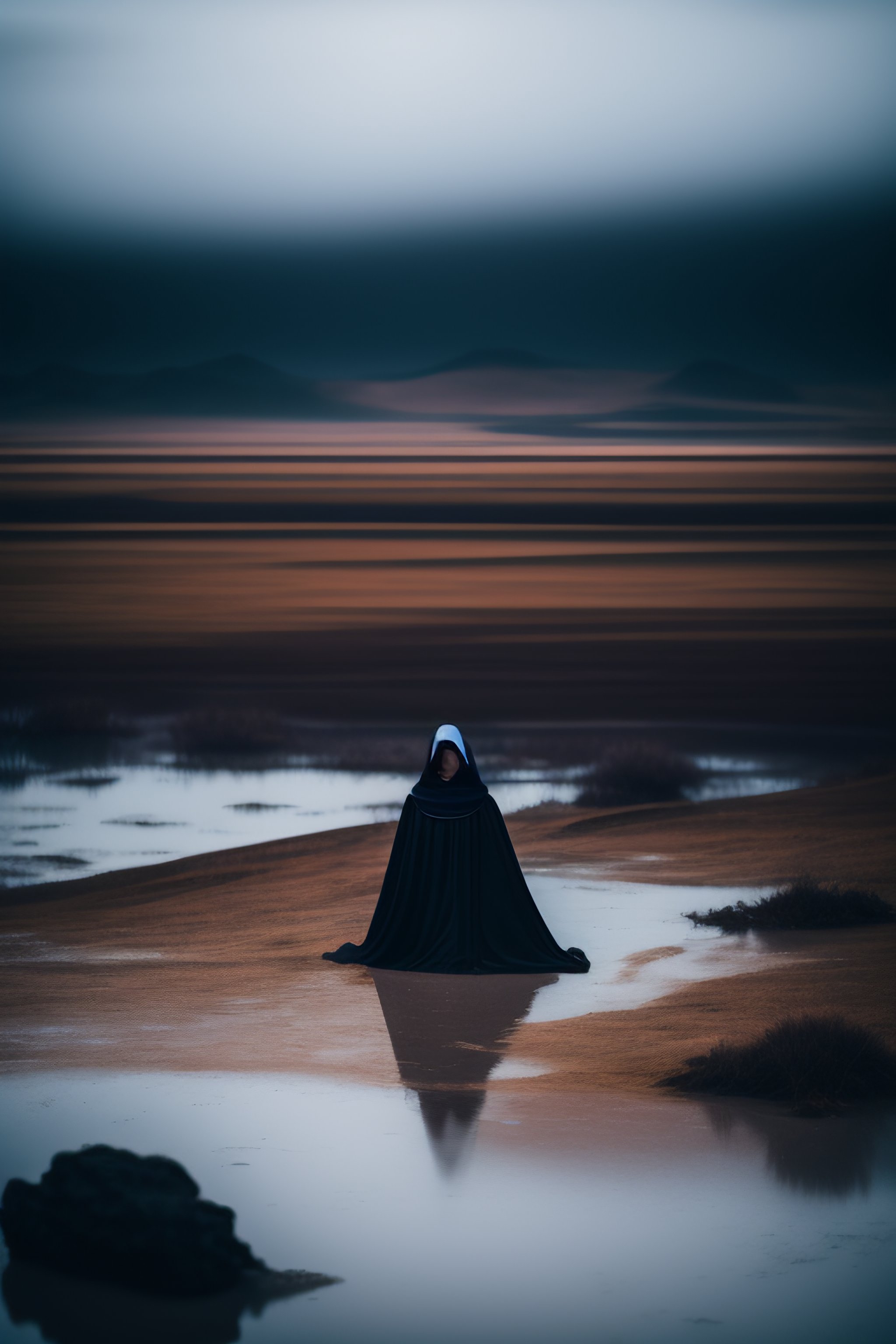 Lexica - Photograph of a dark woman-ghost crouching on a barren mire ...