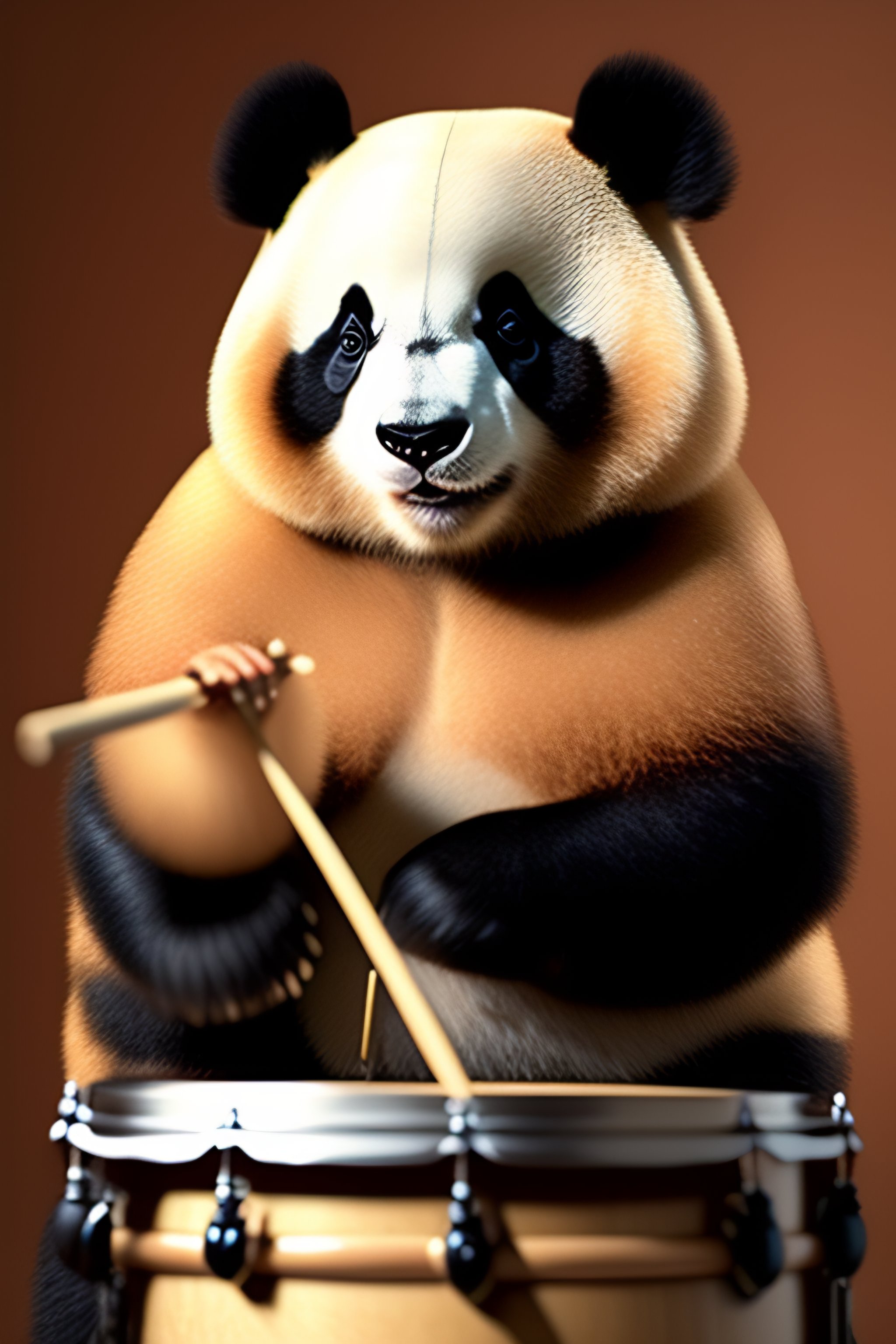 Lexica - Portrait of a cute panda playing the drums with bamboo sticks