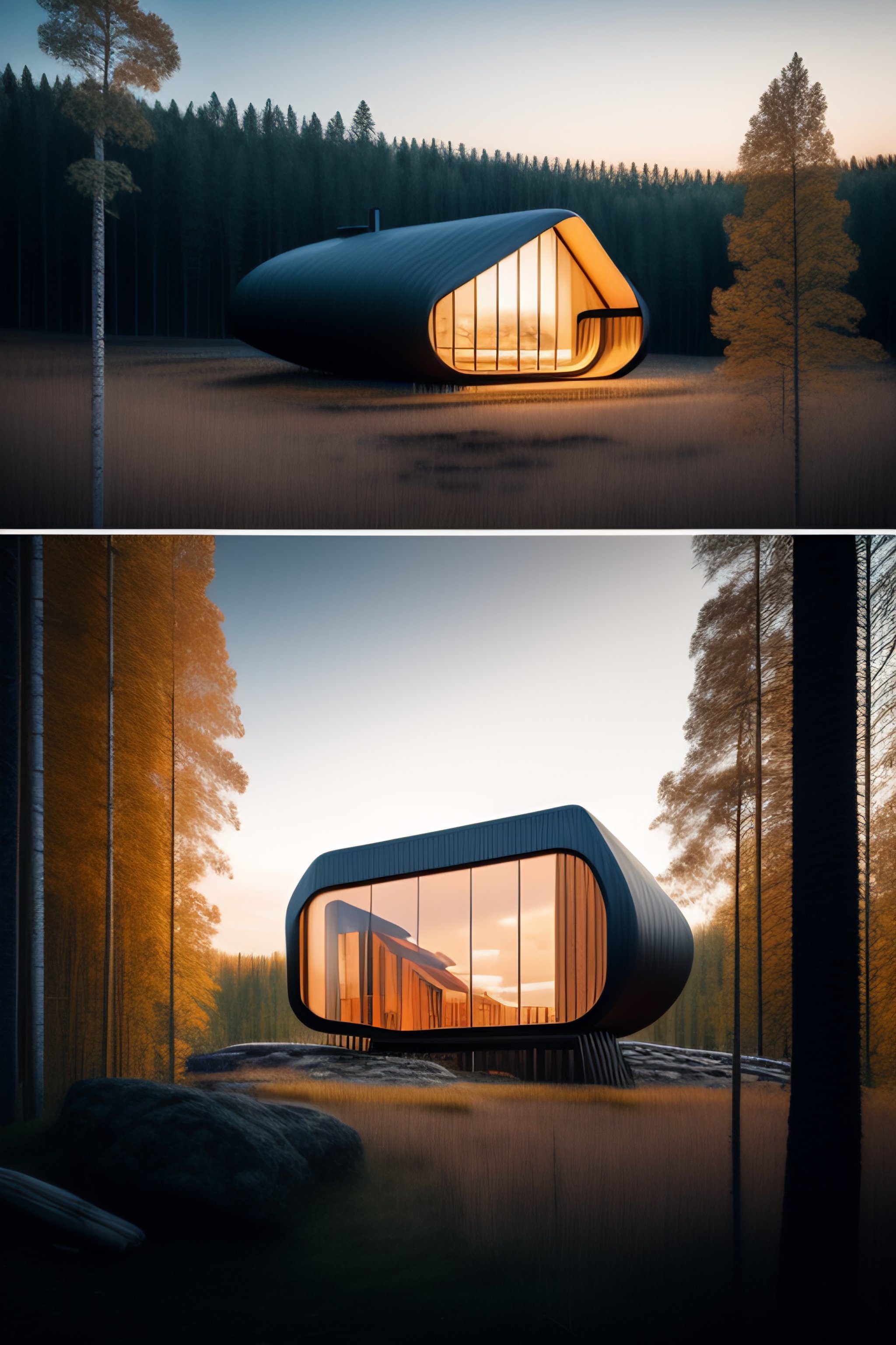Lexica - A wide image of a full innovative 3D contemporary cabin, hyper ...