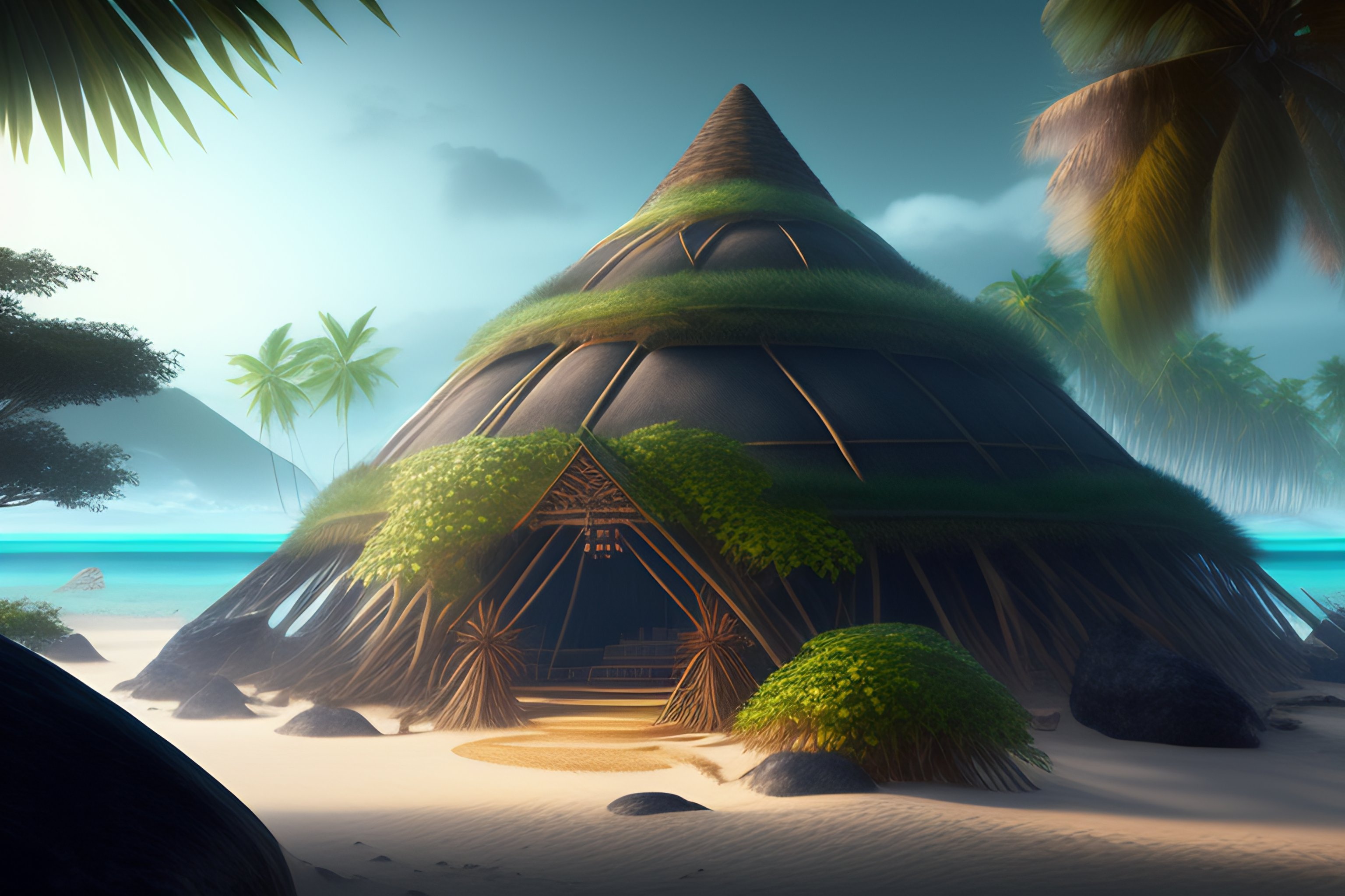 Lexica - Giant elven amerindian hut bamboo on tropical island beach ...