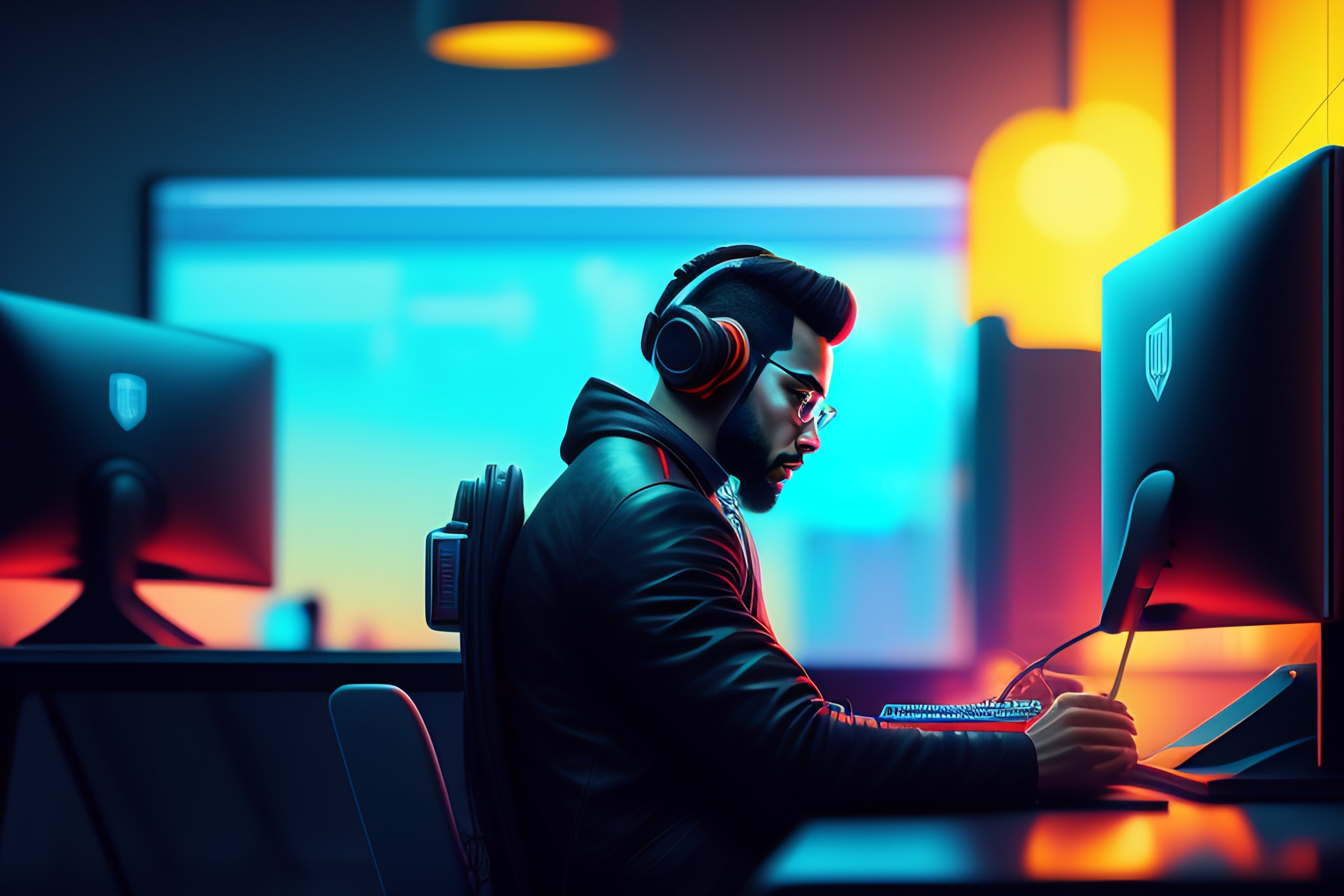 Lexica - A vibrant artstation illustration of a tech savy man typing ...