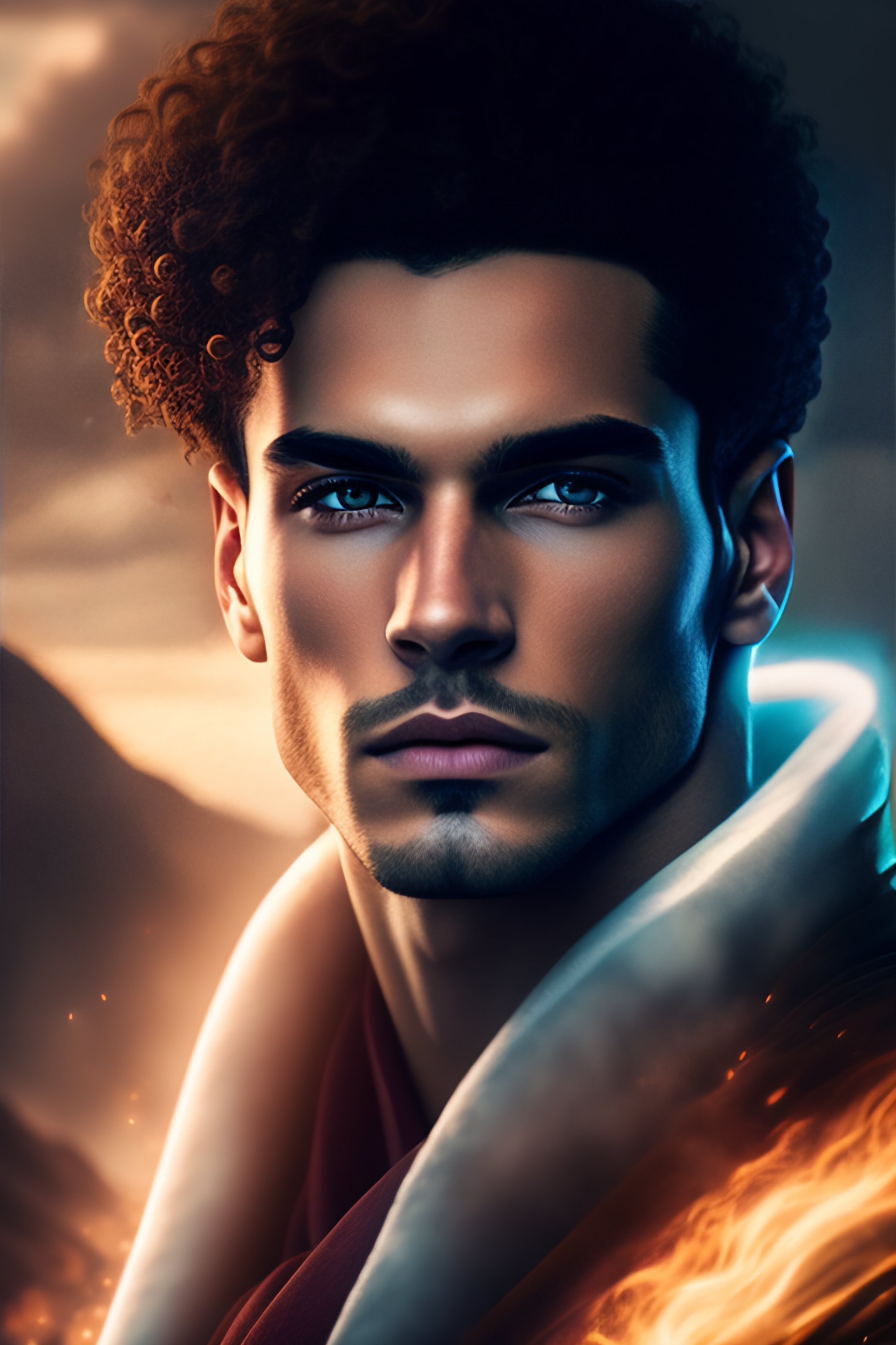 Lexica - Mage male wearing a light robe, curly hair, slightly shaved on ...