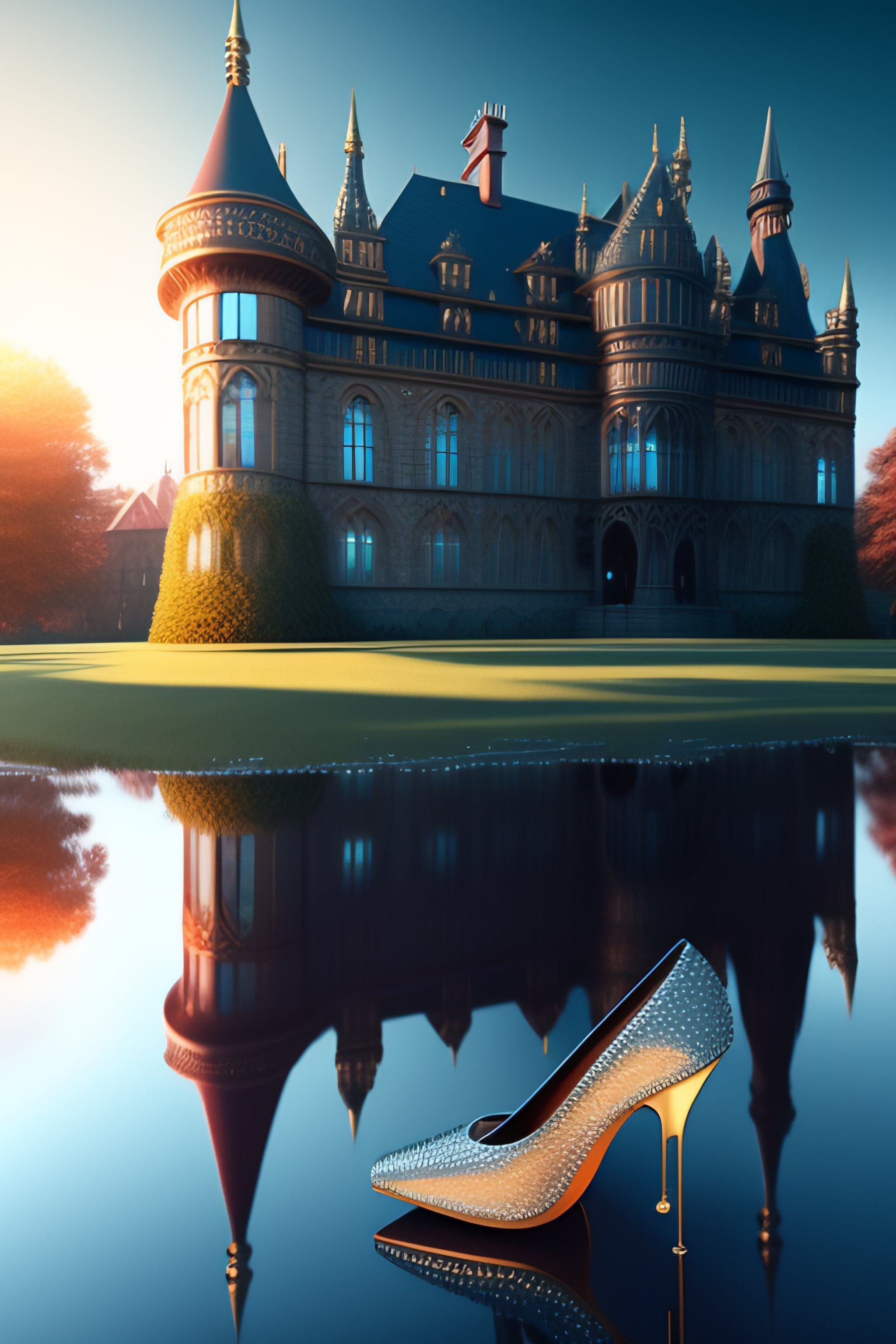 Lexica - Shiny clear high heel shoe in front of a castle, fantasy, 8k ...