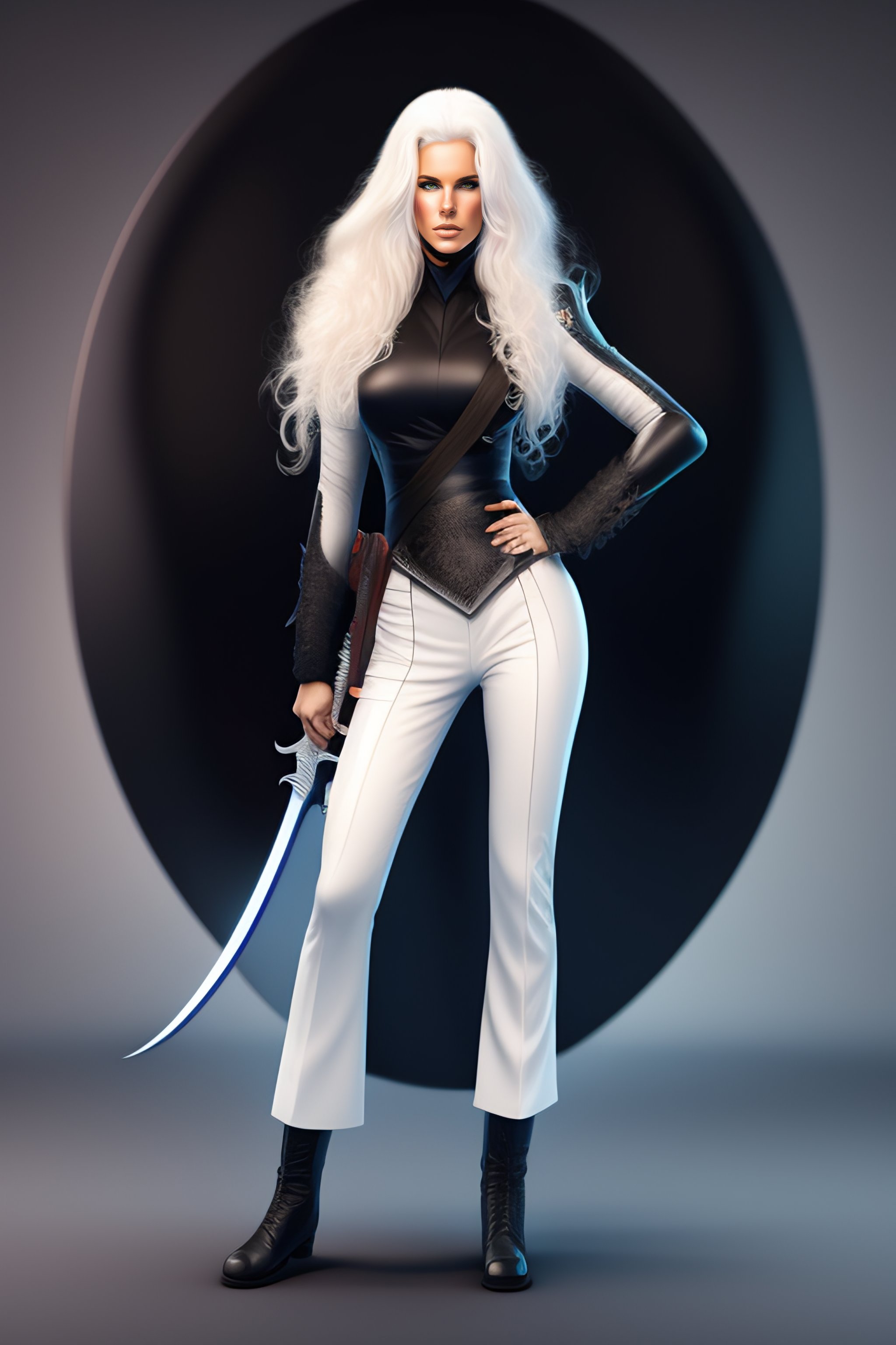 Lexica - Full body portrait of female swordsman, long white hair, black ...