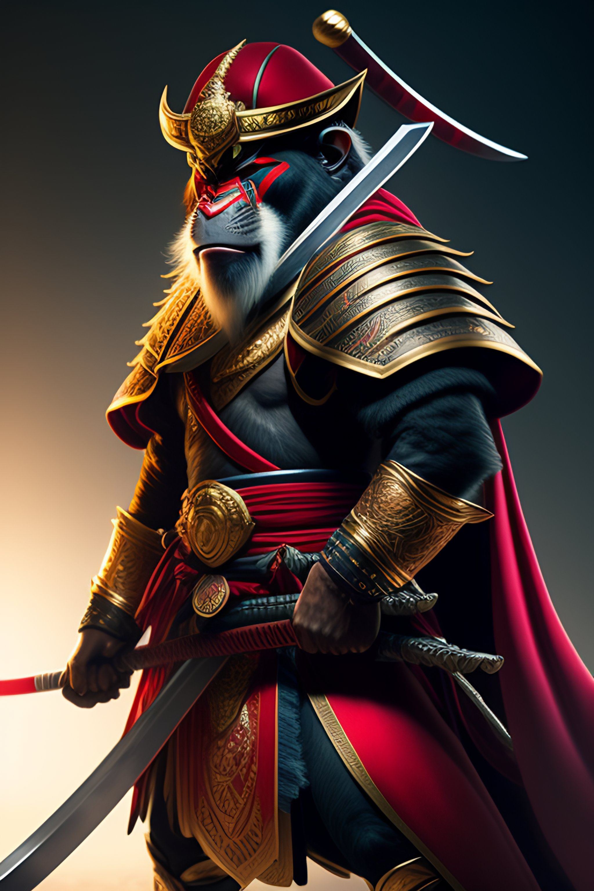 Lexica - Award-winning photo of a Mandrill samurai, red eyes, holding ...