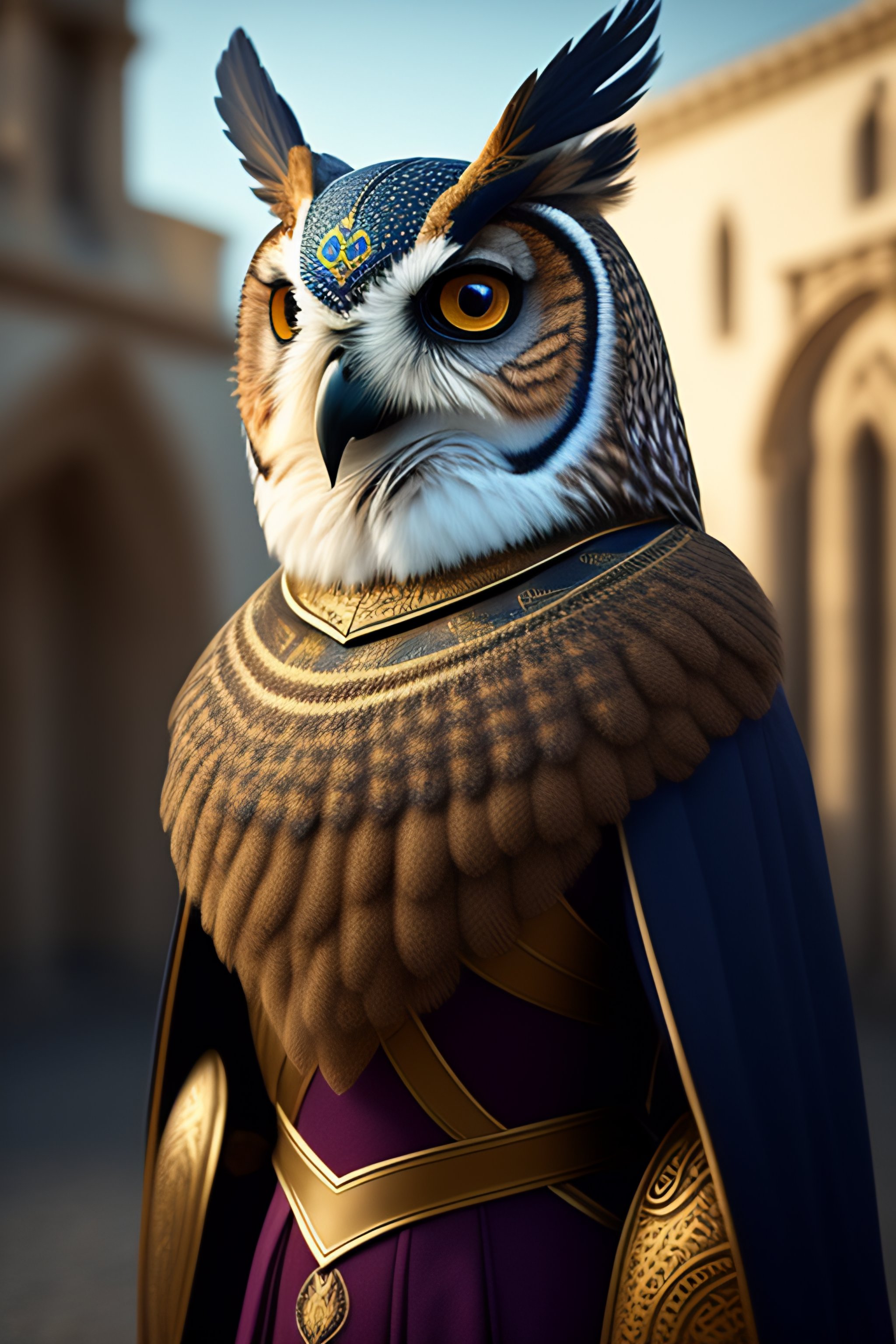 Lexica - Portait of a owl in royal armor in front of woollen palace