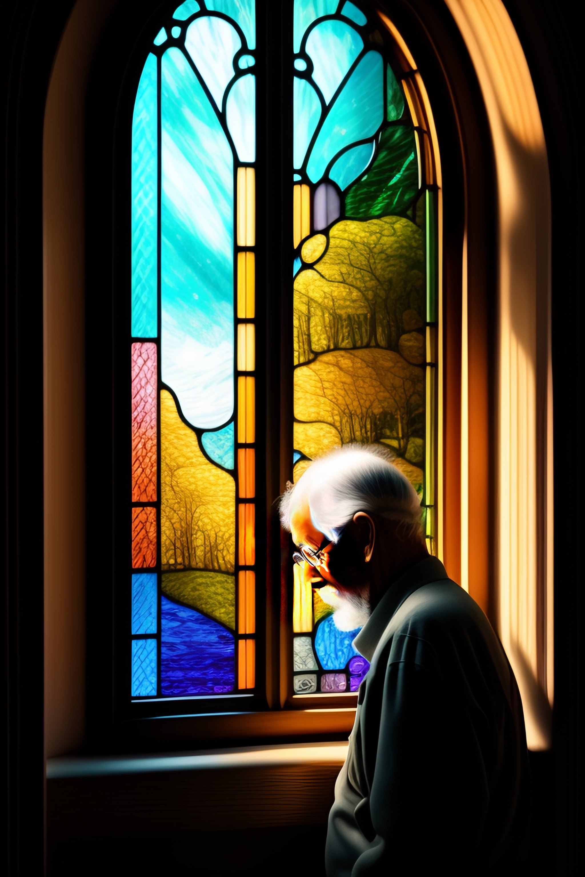 Lexica - An old man gazing out of a stained glass window