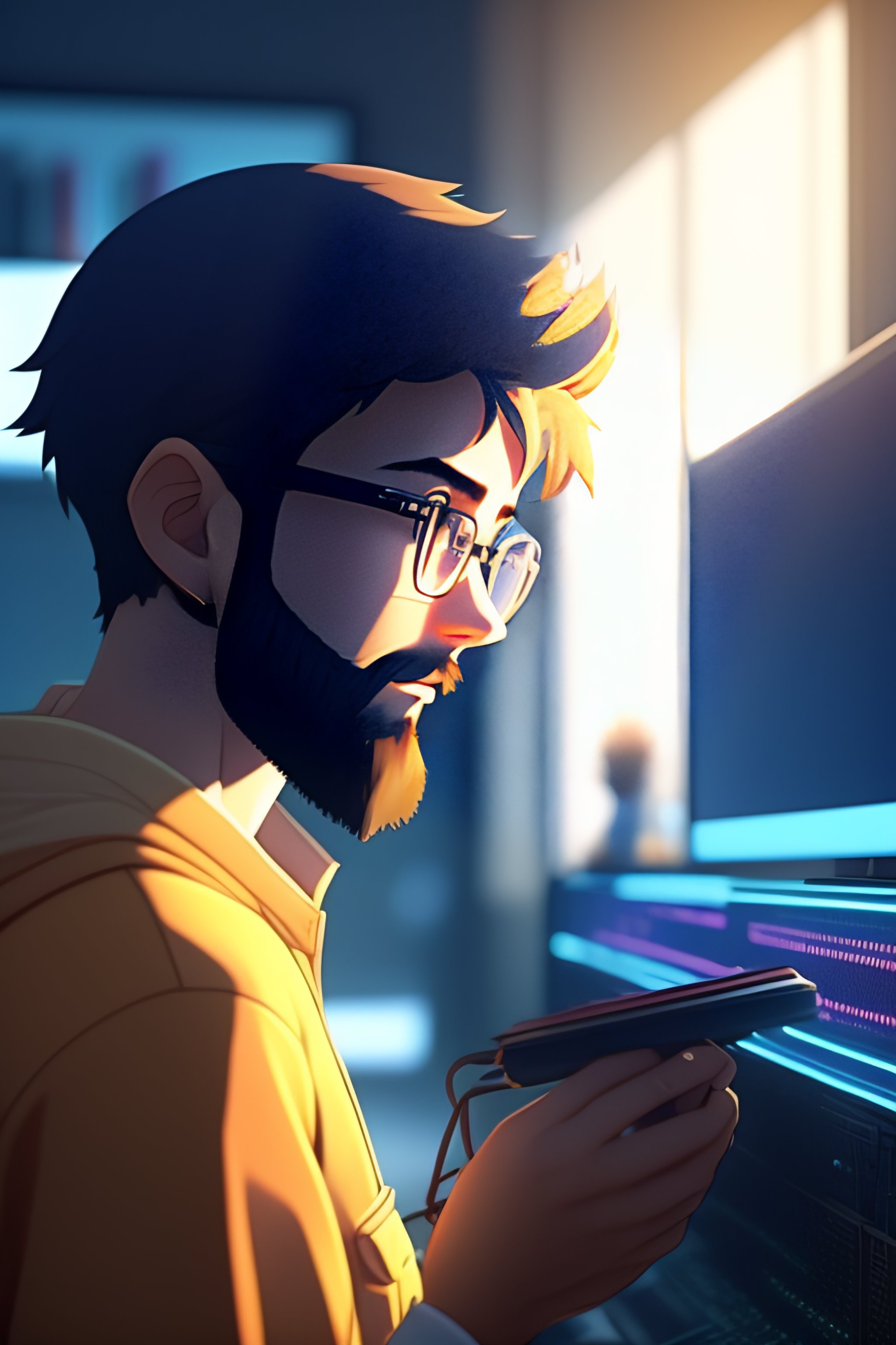 Lexica - A nerdy boy with beard is programming at a computer in a room ...