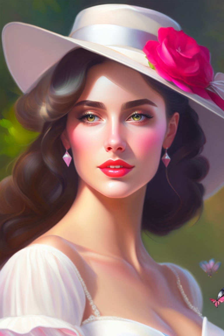 Lexica - A modern brunette woman in a very small white hat without a ...