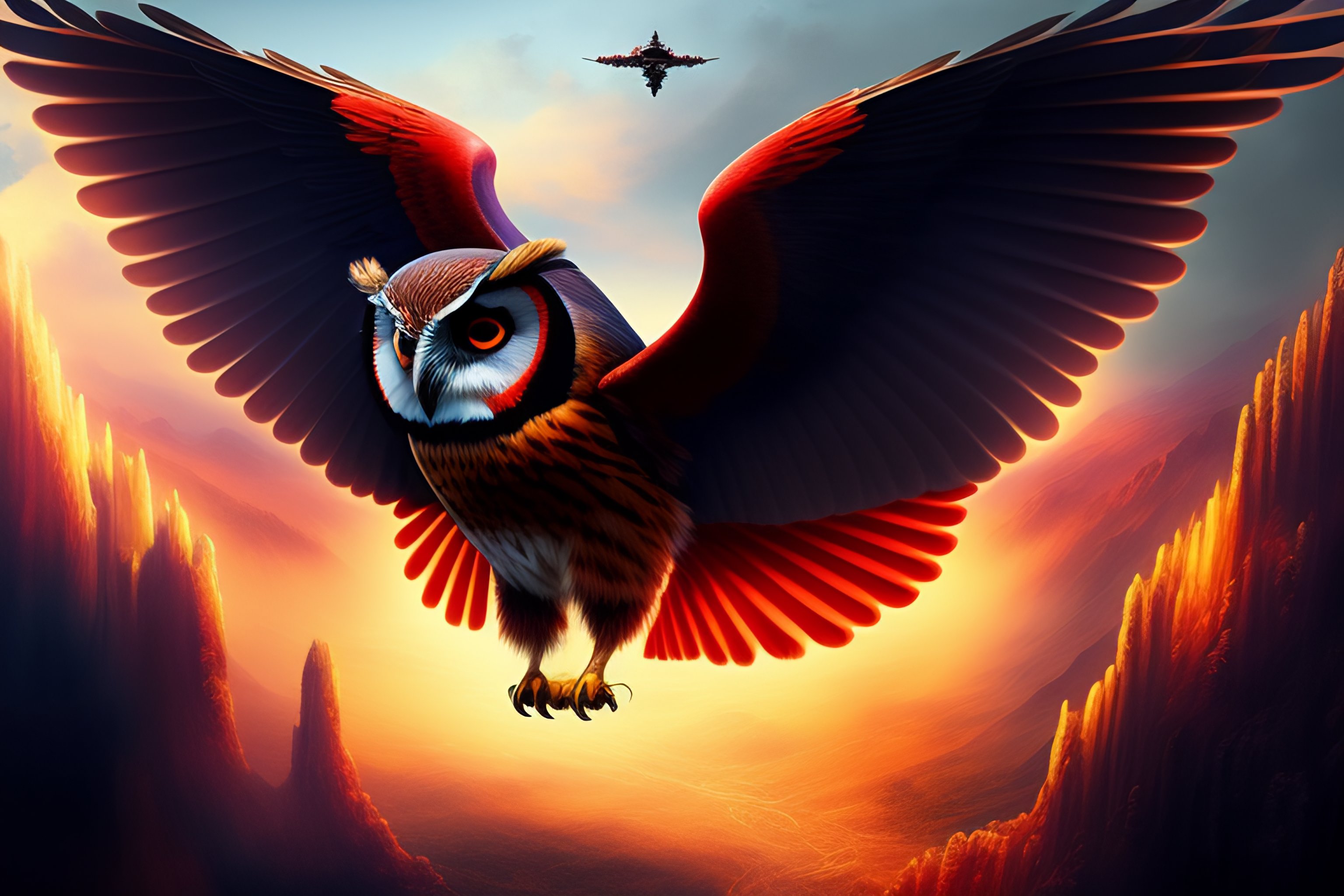 Lexica - Epic picture of comic owls, connected with a black, red ...