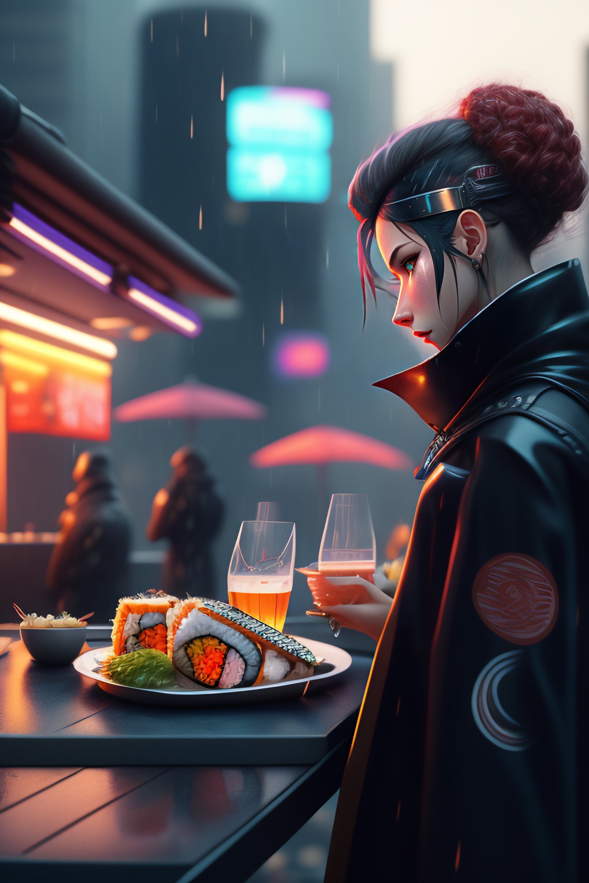 Lexica - A group of cyberpunk cyborg eating sushi on a table outside in ...