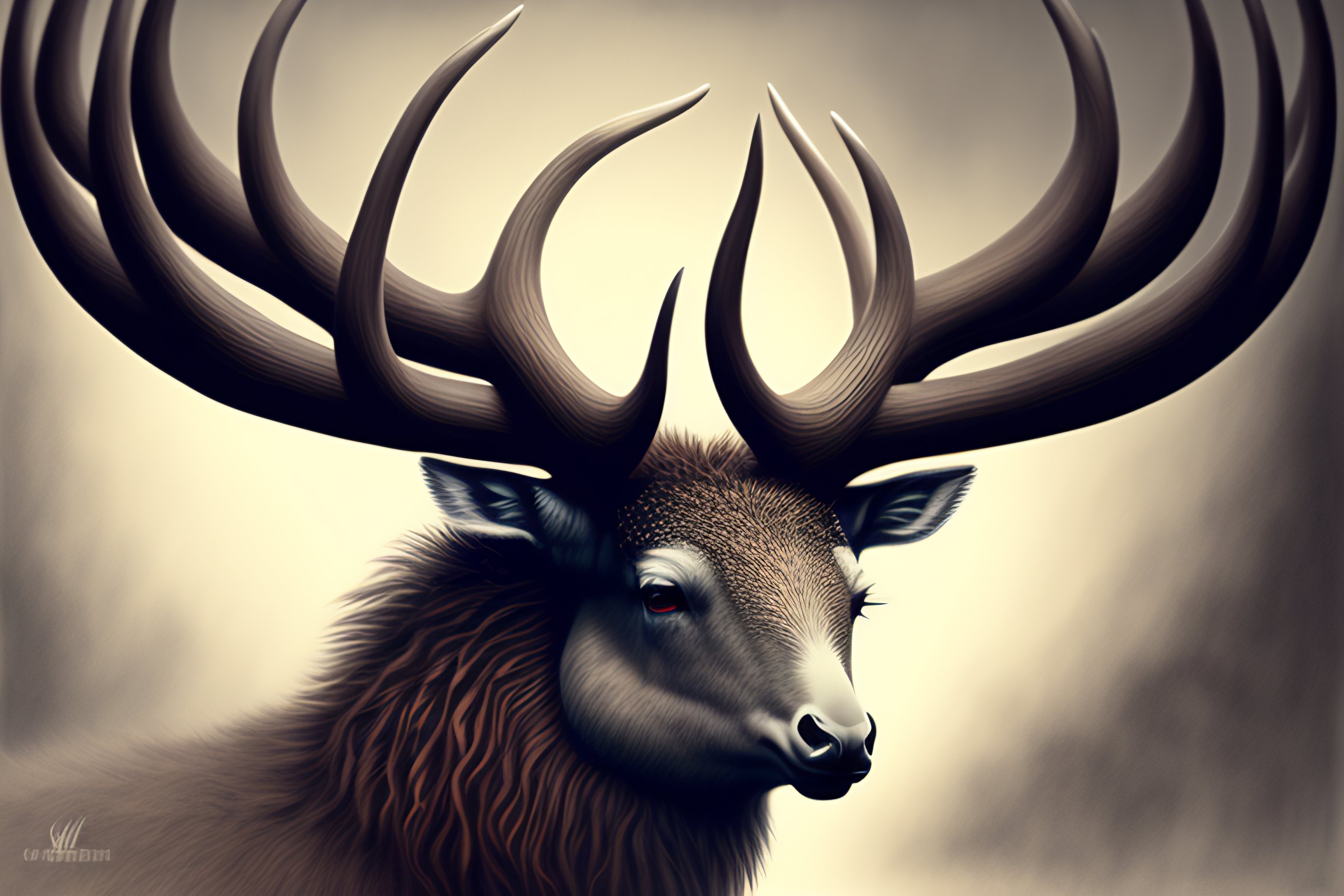 Lexica - Bird entity with enormous antlers, horror art, etching