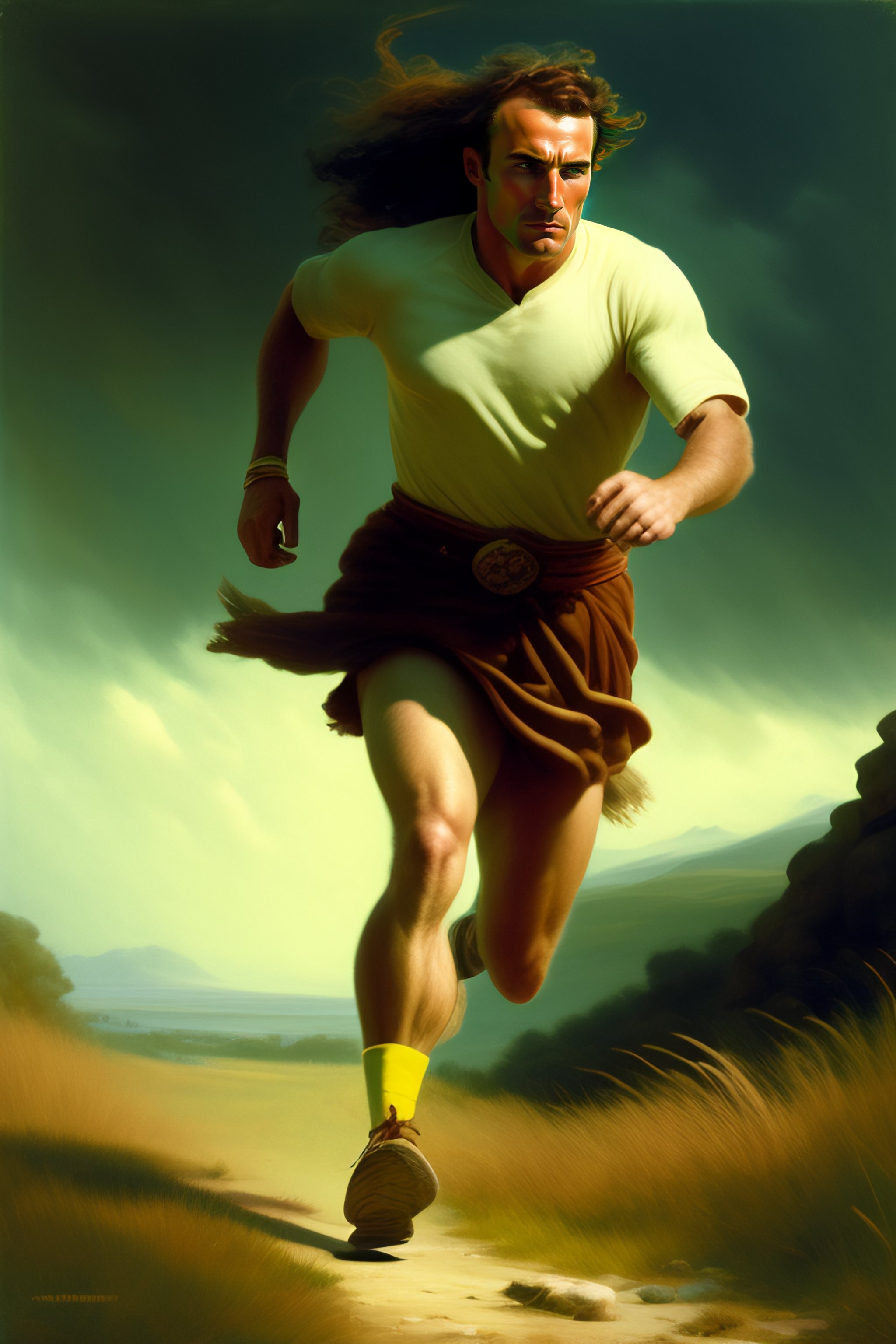 Lexica - Ancient Scotsman man running from the front, white t-shirt and ...