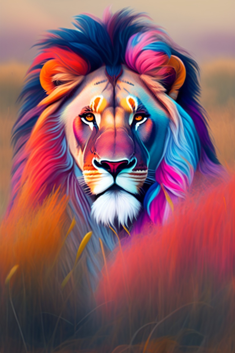 Lexica - A brightly colored lion is standing in an African plain with ...