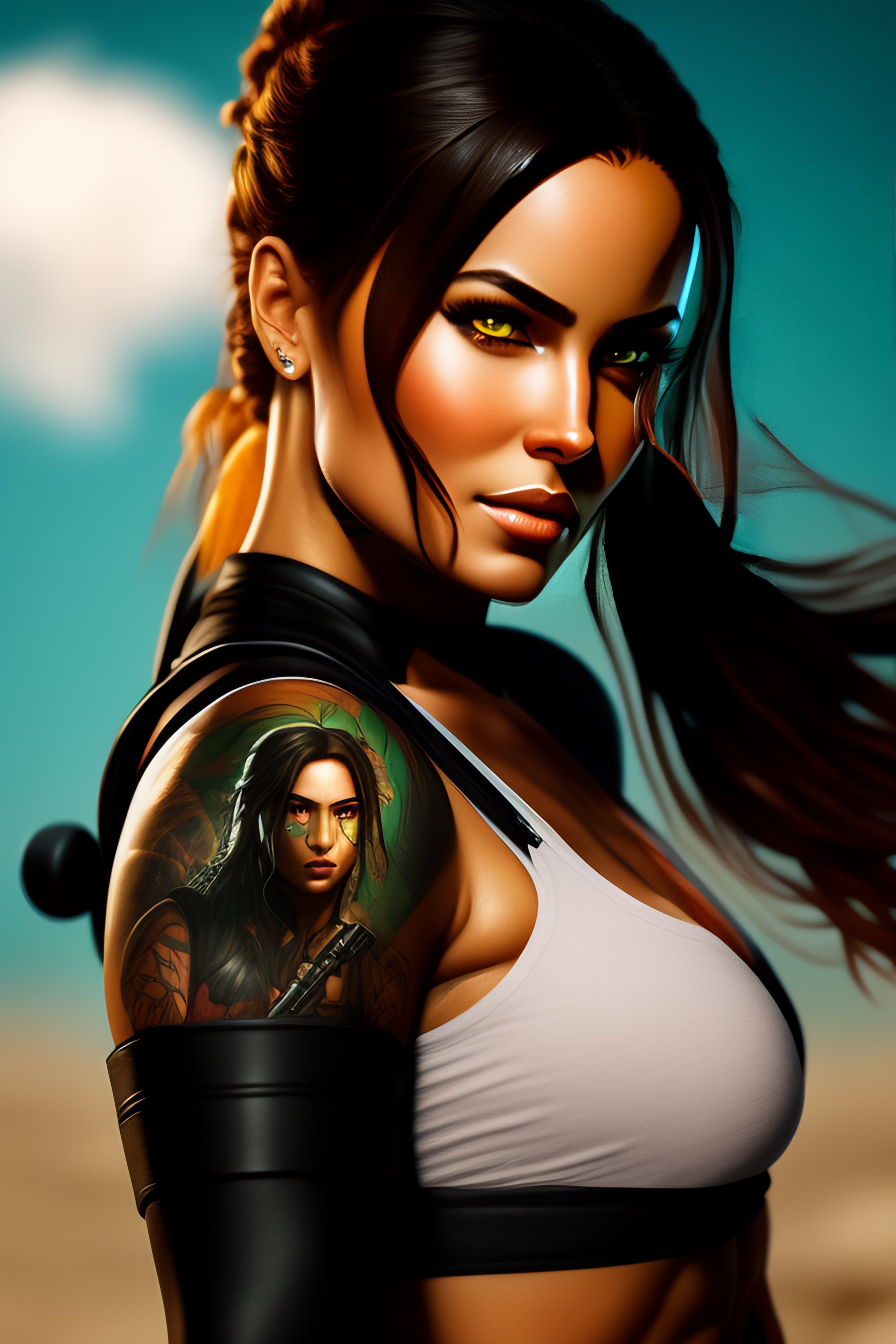 Lexica - High quality image of lara croft, eye contact, spade tattoo, anime